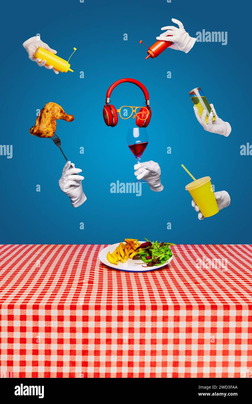 Poster for restaurant menu. Levitating hands serving fried chicken with ...