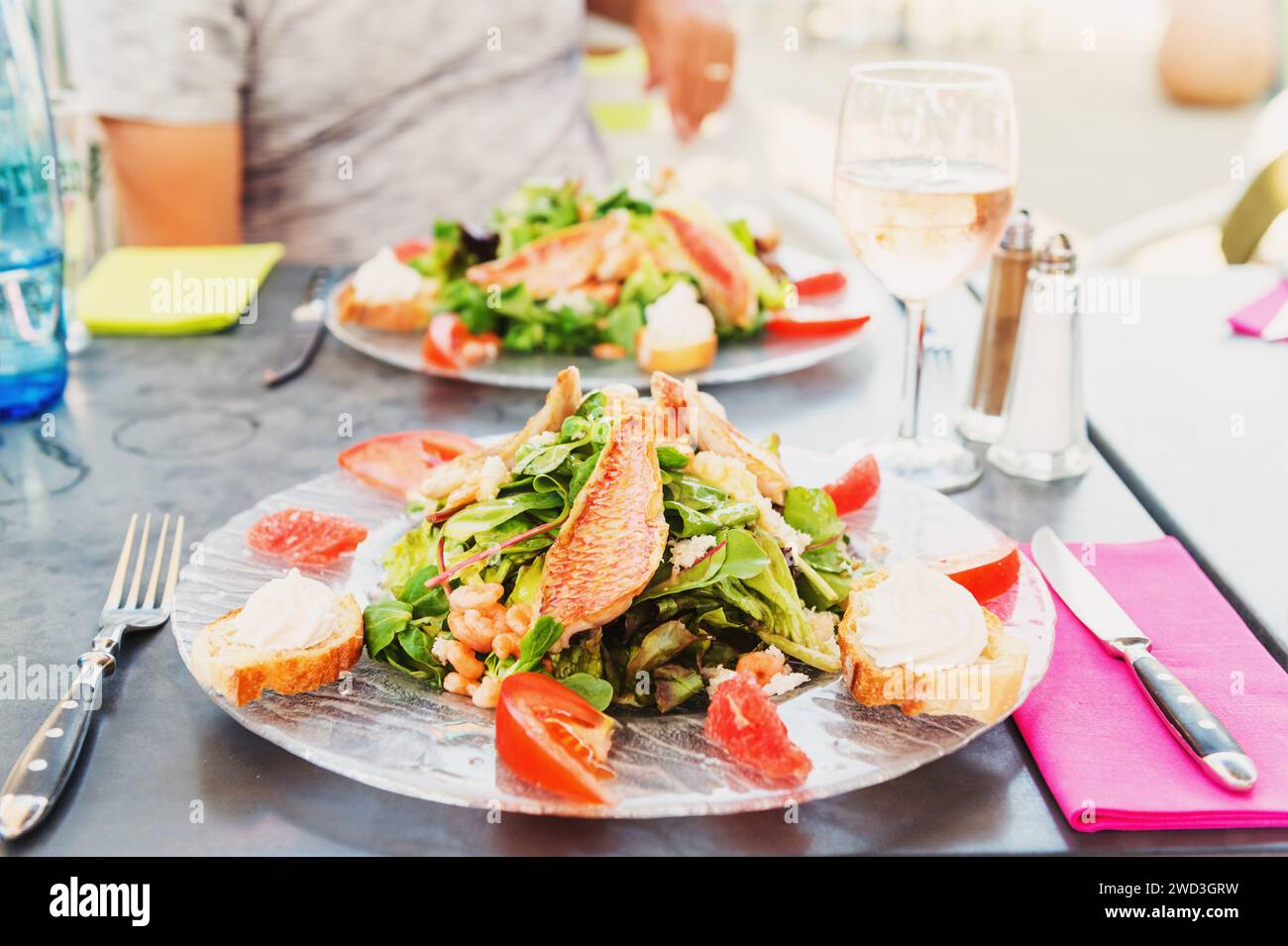 Salad provencal with red grilled snapper served in the restaurant Stock ...