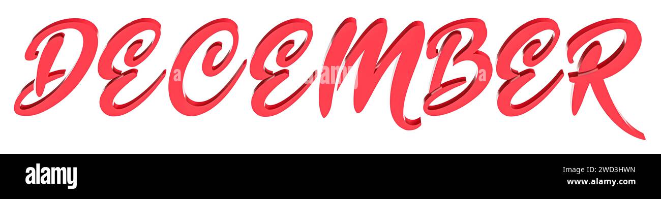 The red word of month 'DECEMBER' isolated on white background. Title of ...