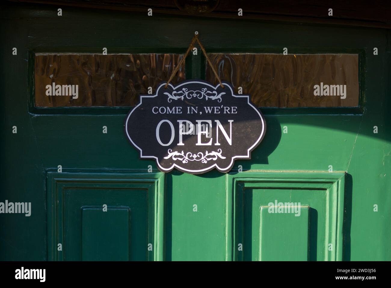 Open for business sign. At the Aldermaston Wharf canal cafe or tearooms ...