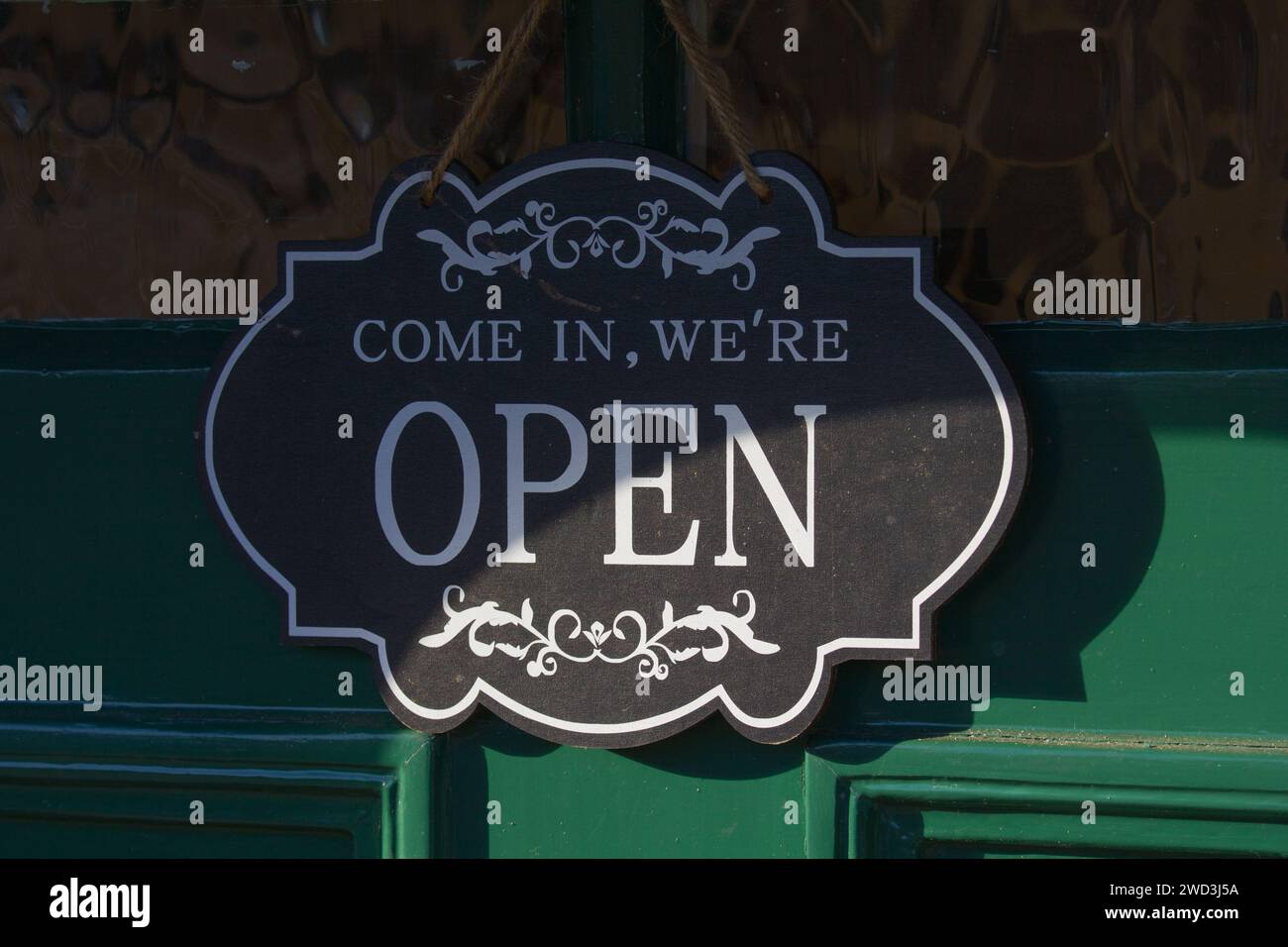 Open for business sign. At the Aldermaston Wharf canal cafe or tearooms ...