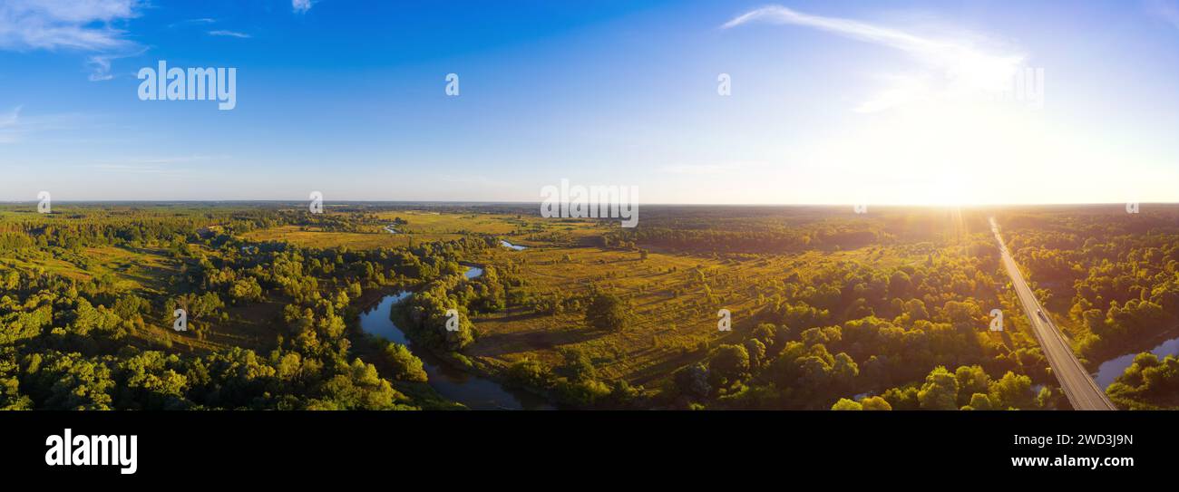 Aerial view of curved river in the autumn forest. Colorful landscape of ...