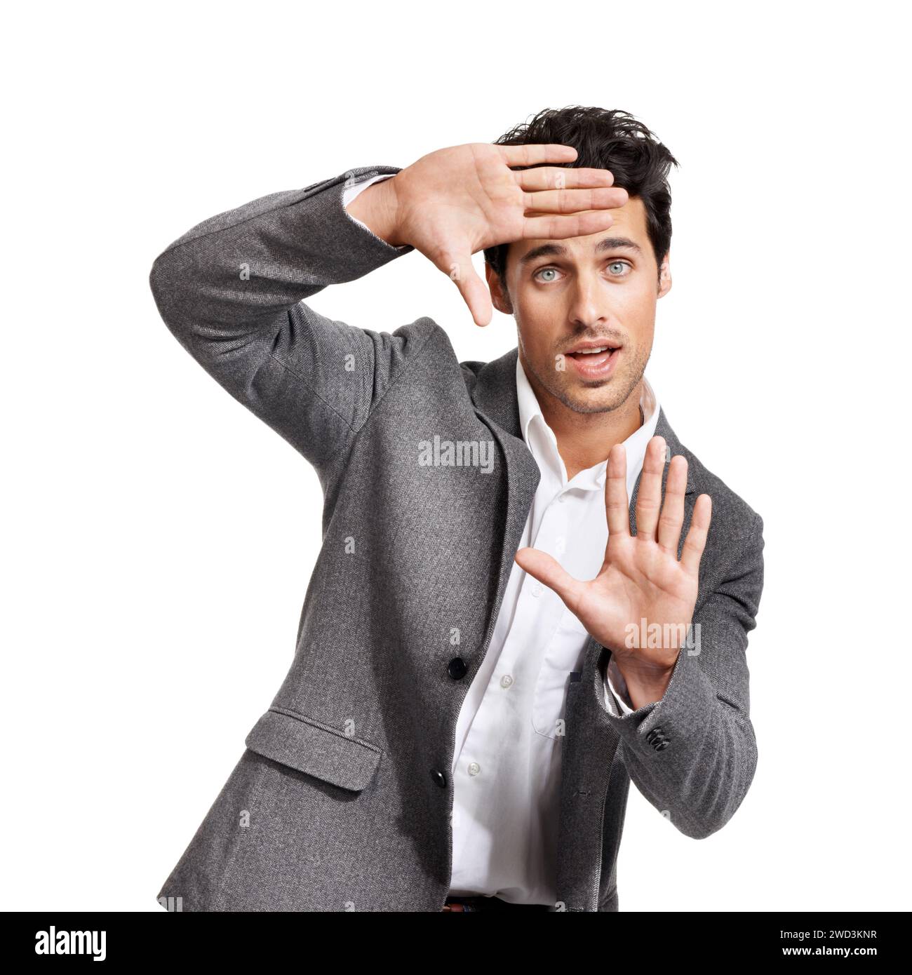 Hands, selfie frame and portrait of business man in studio for ...