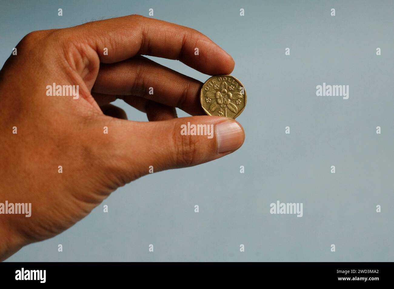 Close up hand holding one dollar coin singapore Stock Photo - Alamy