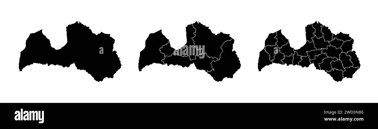 Set of state maps of Latvia with regions and municipalities division. Department borders ...