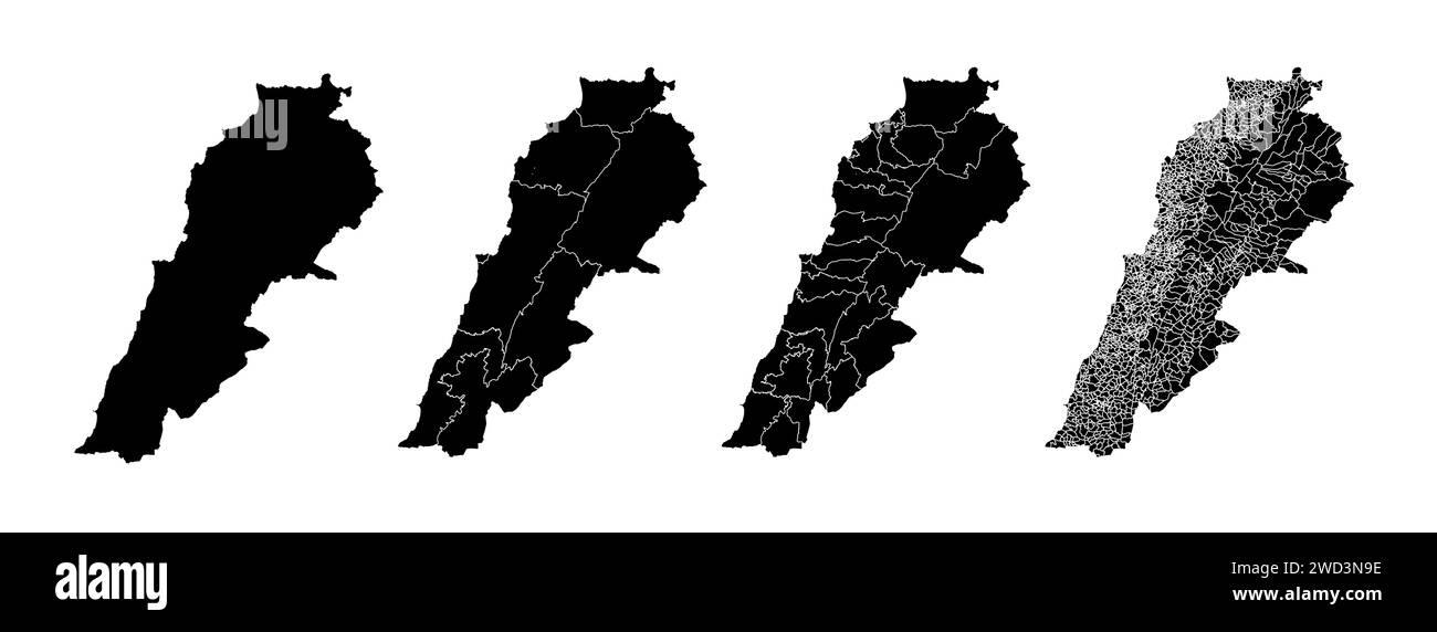 Set of state maps of Lebanon with regions and municipalities division ...