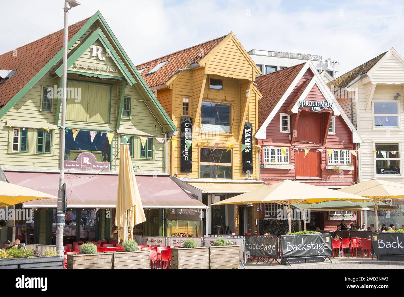Harbour front buildings in Stavager with the Proud Mary Pub Stock Photo ...