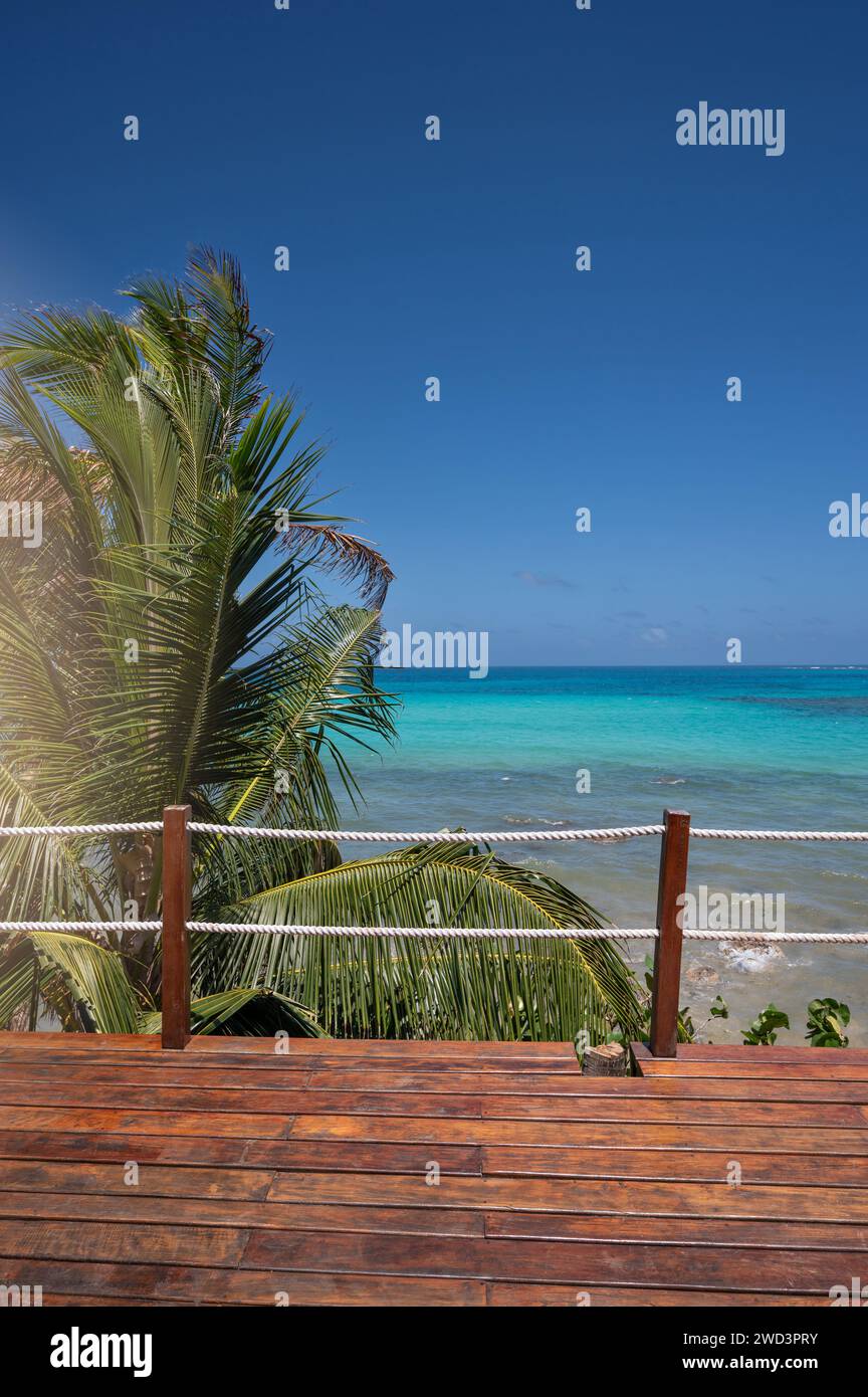Wooden board terrace in beachfront of Caribbean sea background Stock ...