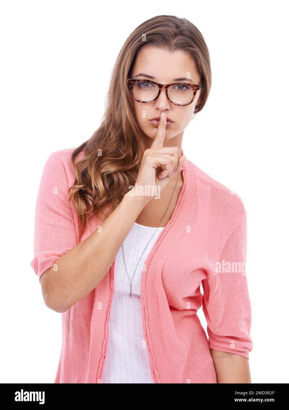 Portrait, silence and woman with finger on the lips, whisper and model ...