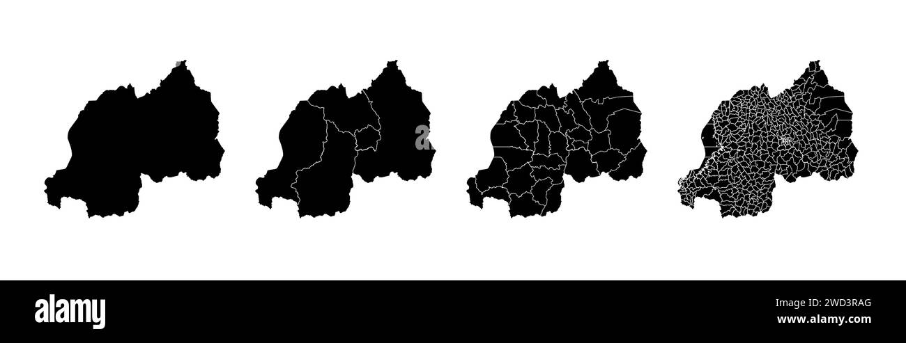 Set of state maps of Rwanda with regions and municipalities division ...