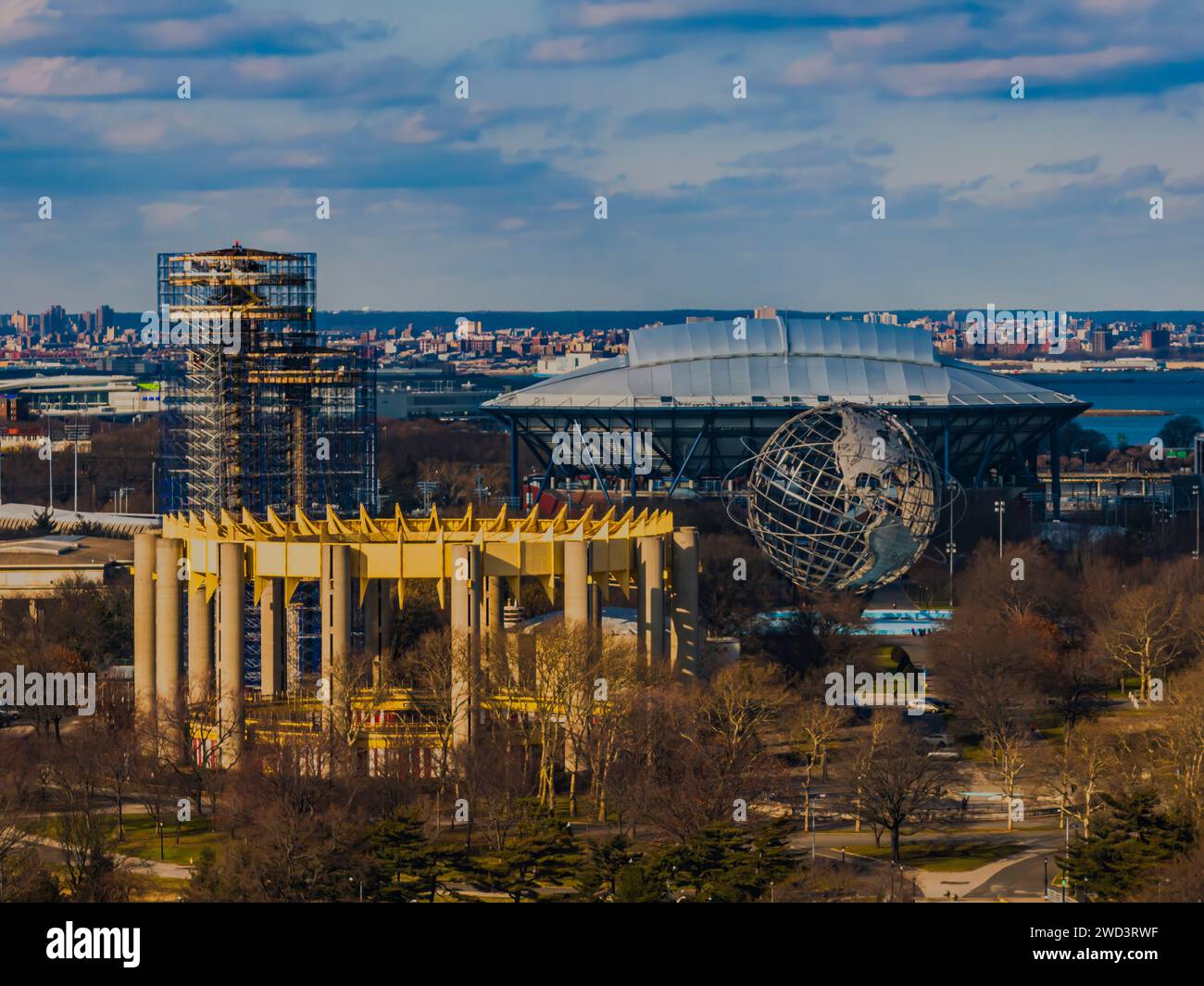 An aerial view of Arthur Ashe tennis stadium, the Pavilion and the ...