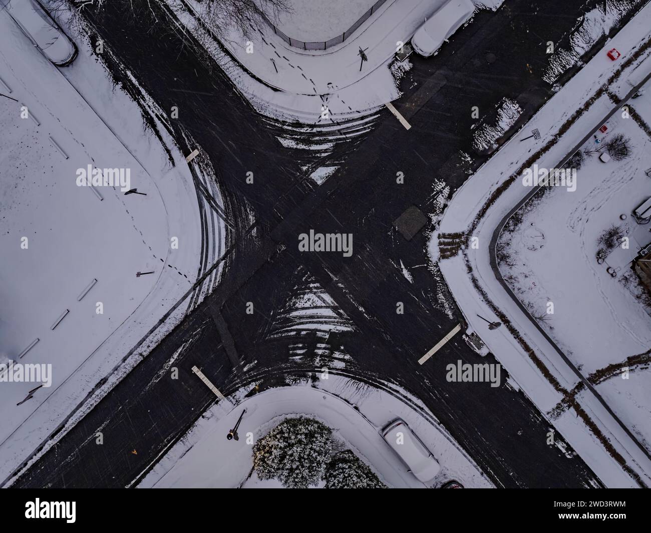An aerial view over a residential neighborhood intersection on Long ...