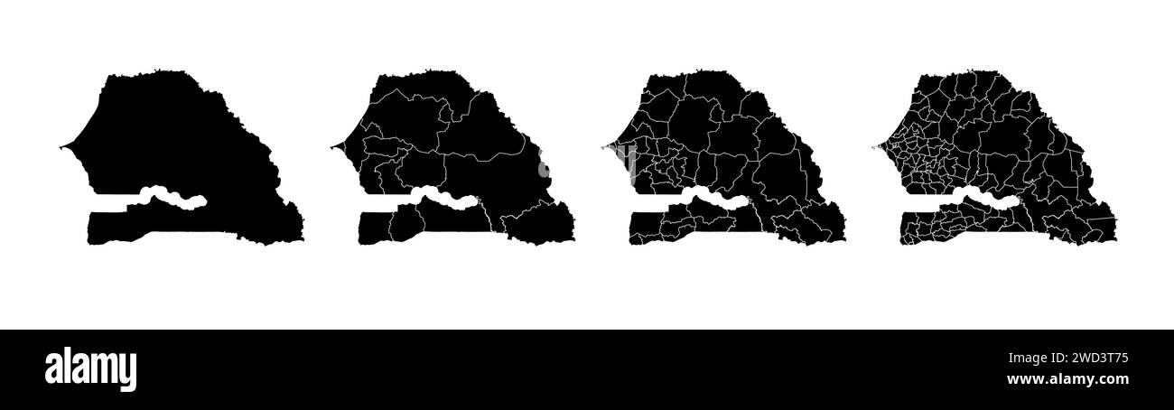 Set of state maps of Senegal with regions and municipalities division. Department borders ...
