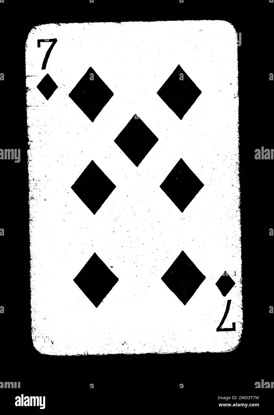 A vintage seven of diamonds playing card in black and white isolated on ...