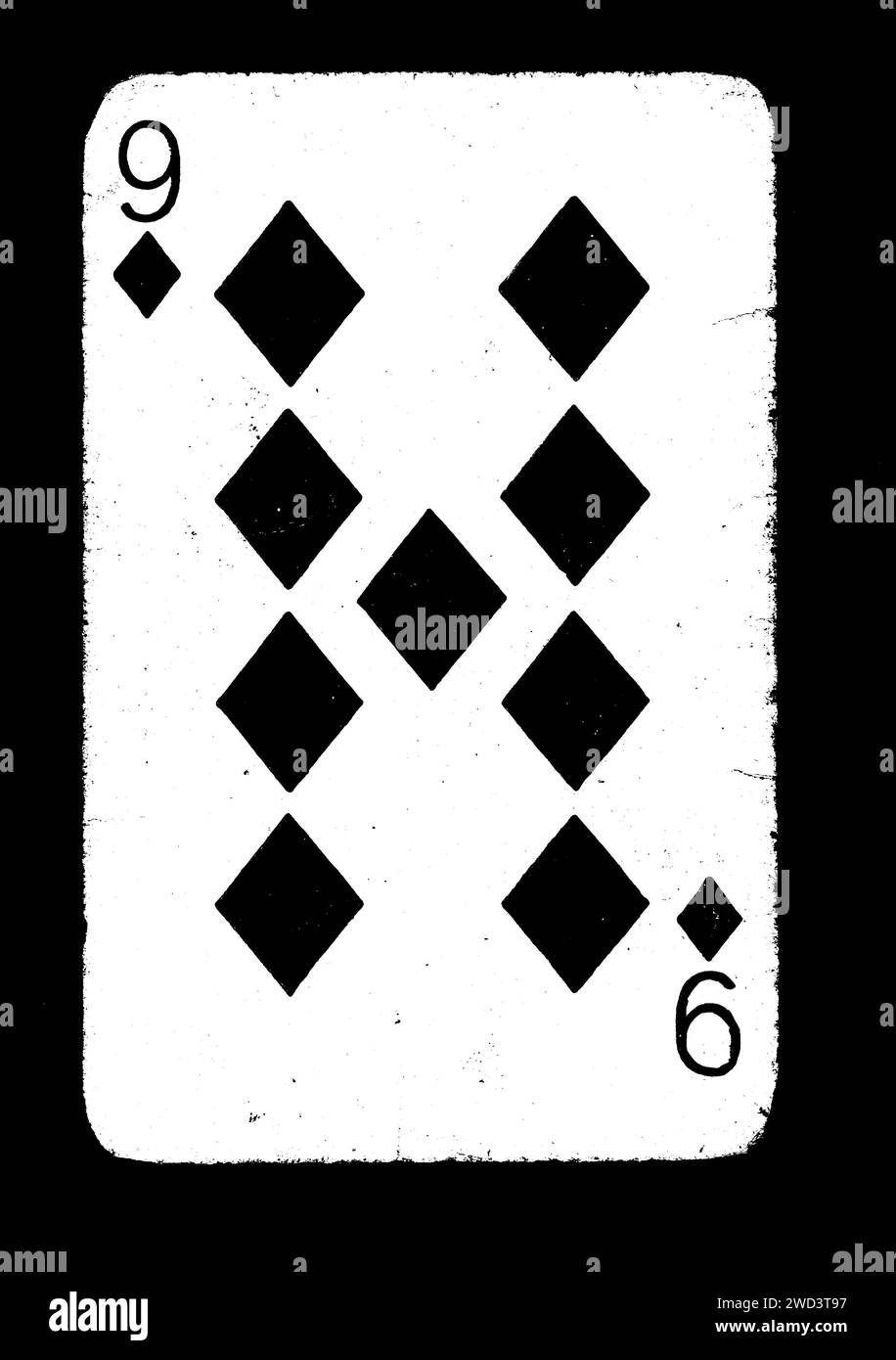 A vintage nine of diamonds playing card in black and white isolated on ...