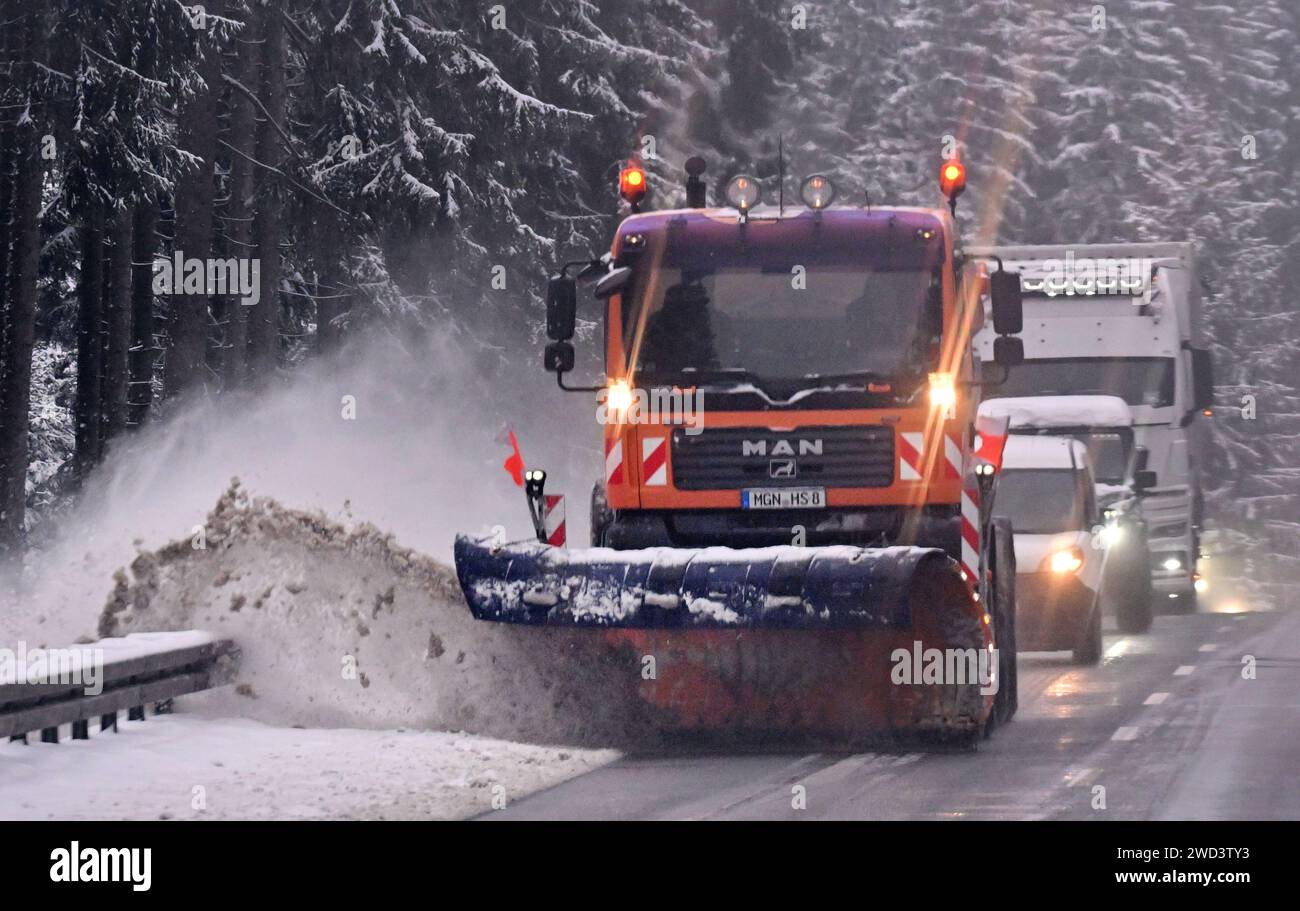 Erfurt, Germany. 18th Jan, 2024. A winter service vehicle clears snow ...