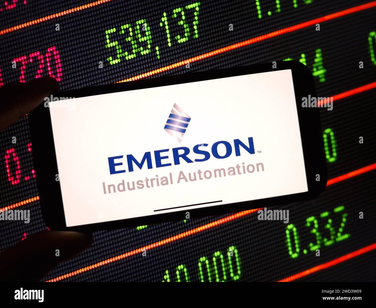 Konskie, Poland - January 16, 2024: Emerson company logo displayed on ...