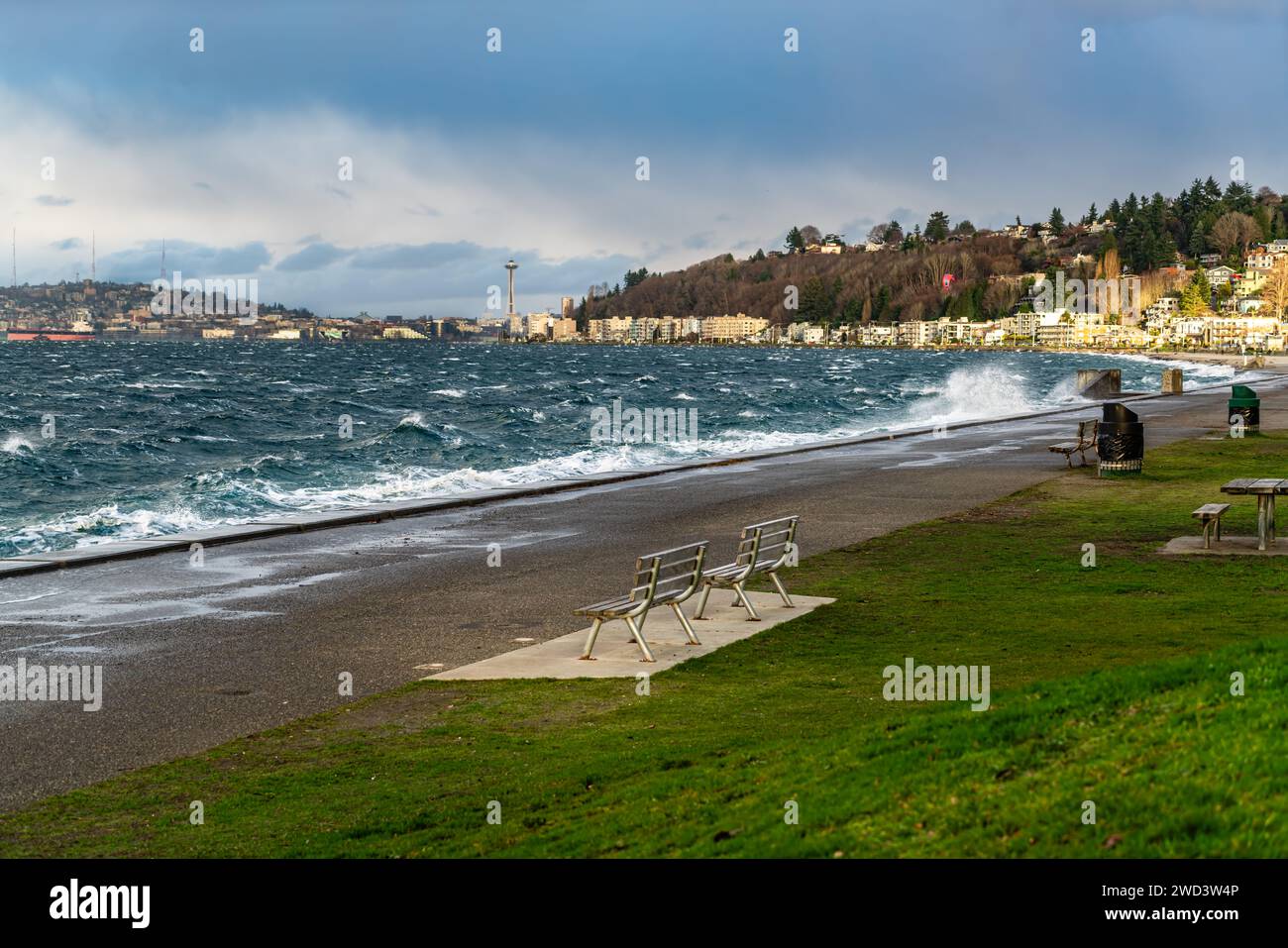 A view of the shoreline on a stormy day at Alki Beach in West Seattle ...