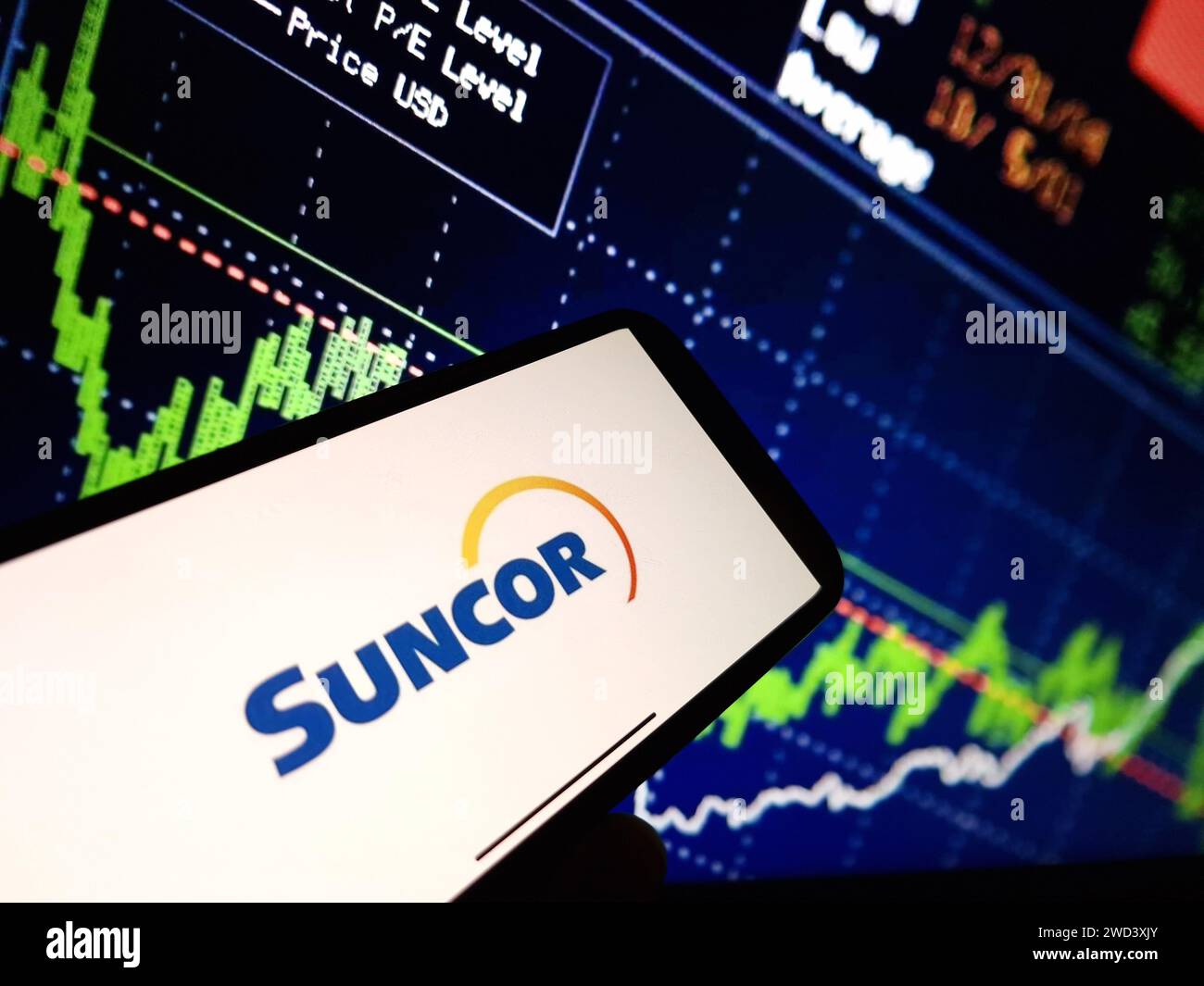 Konskie, Poland - January 16, 2024: Suncor Energy company logo displayed on mobile phone screen ...