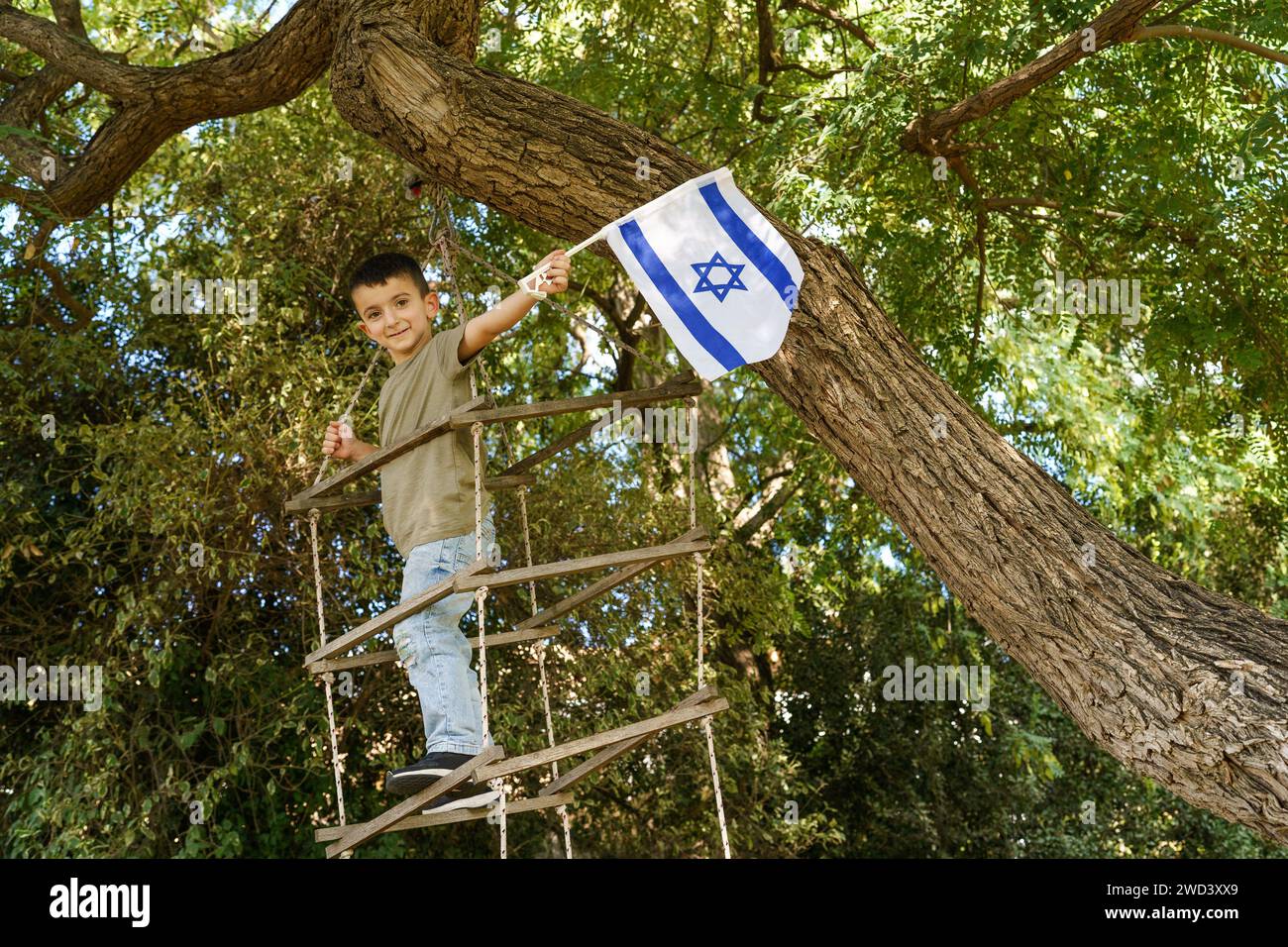 Smiling Child On A Rope Ladder, Placing An Israeli Flag On A Tree Stock ...