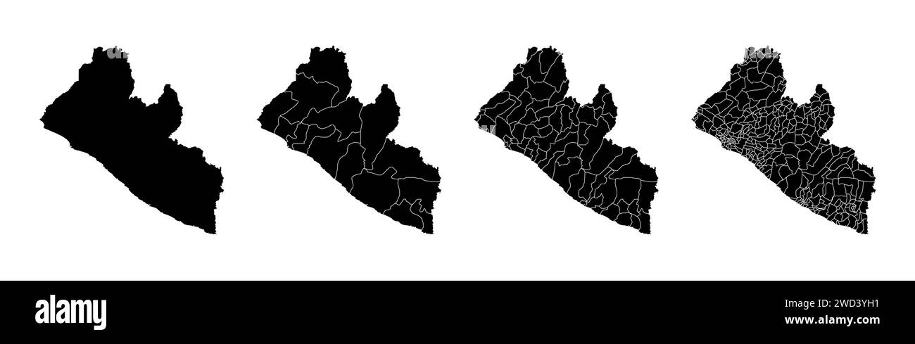 Set of state maps of Liberia with regions and municipalities division ...