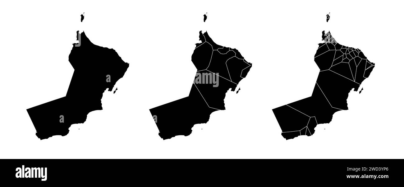 Set of state maps of Oman with regions and municipalities division ...