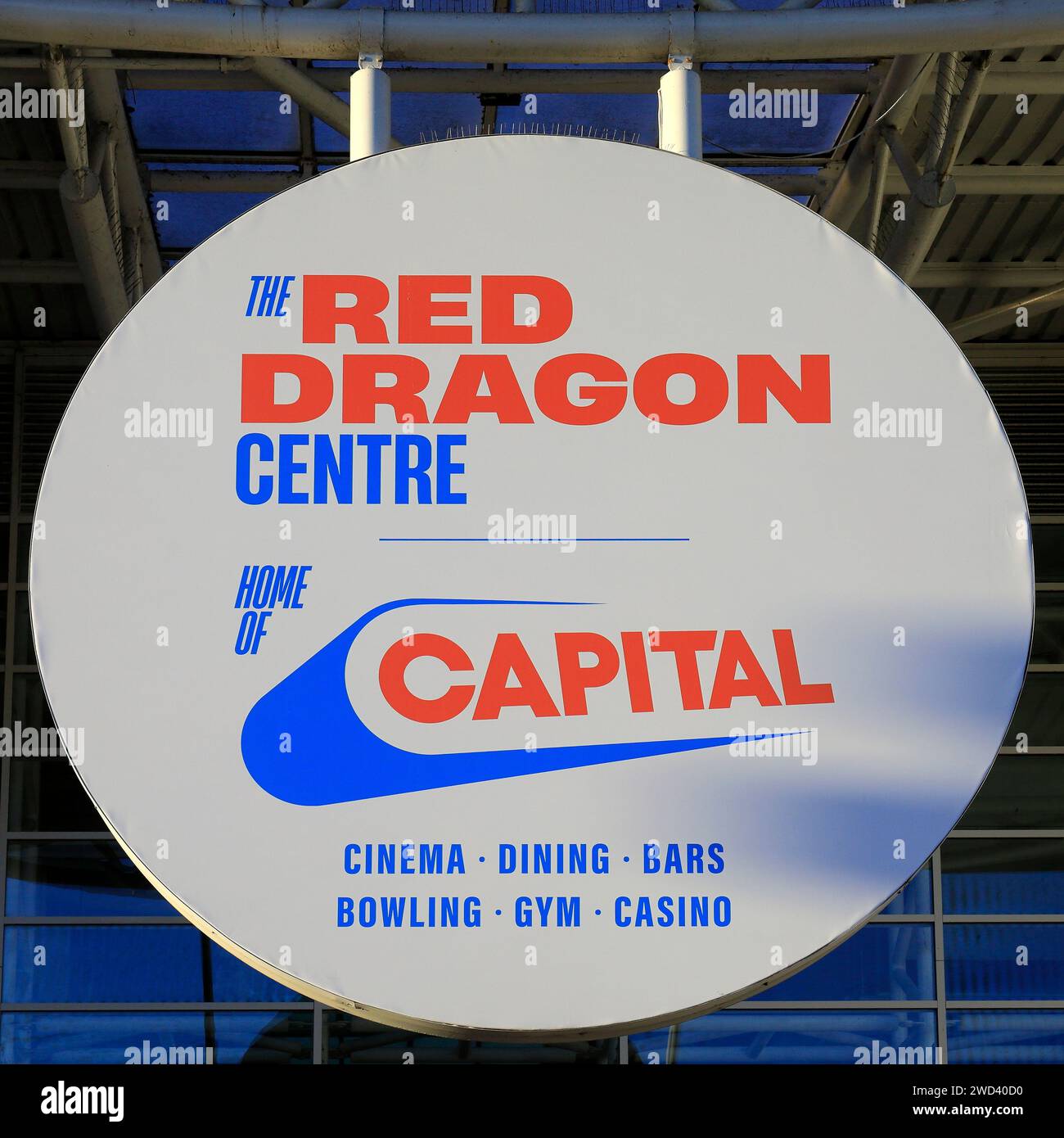 Red Dragon Centre hanging sign above entrance, Cardiff Bay, Taken January 2024 Stock Photo - Alamy