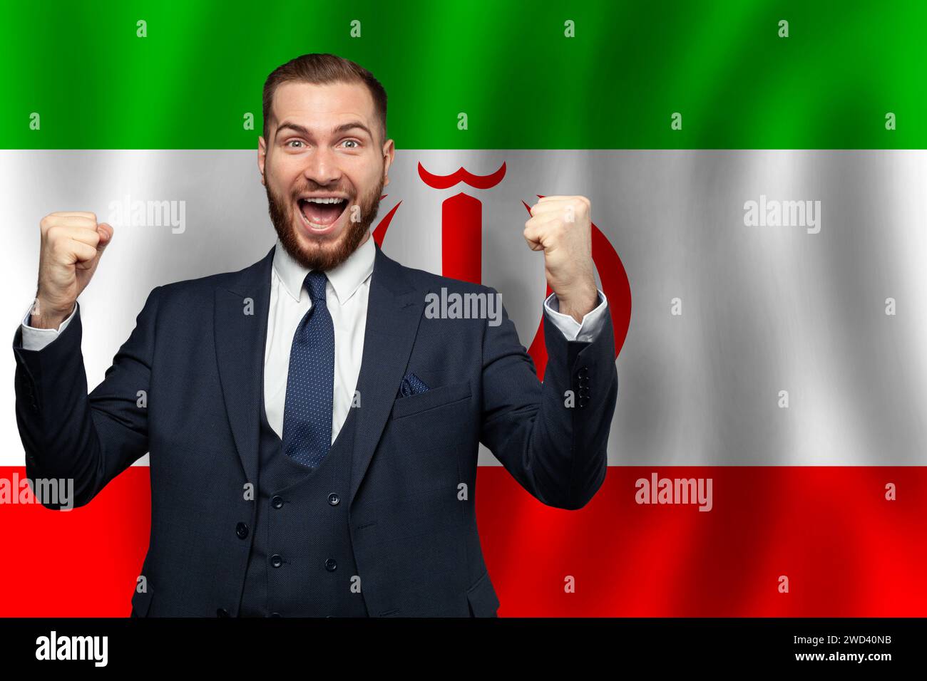 Irani happy businessman on the background of flag of Iran Business ...