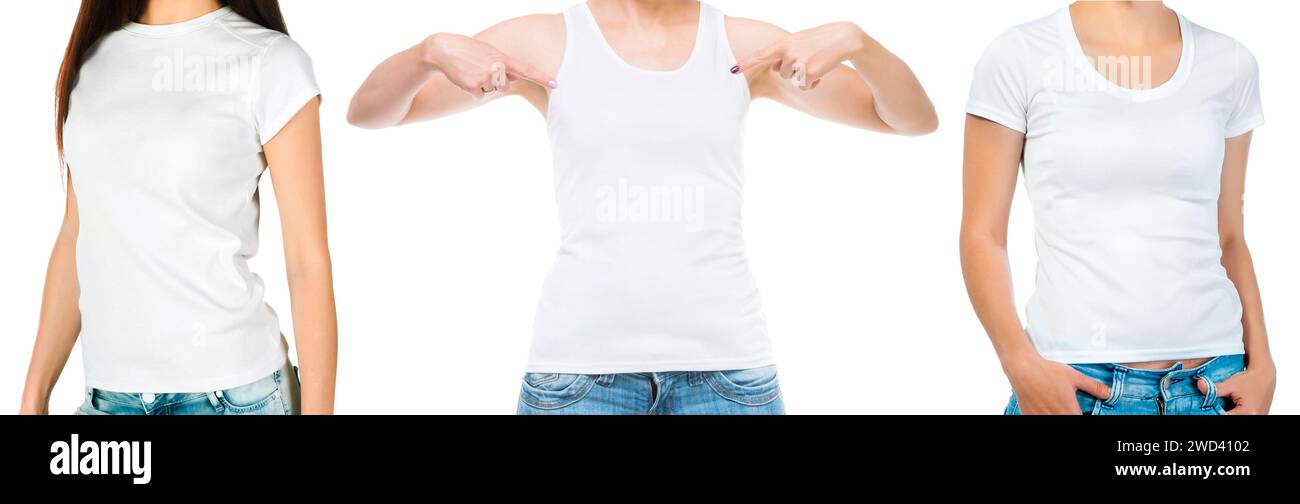 Set of girls in a white singlet and shortsleeved top isolated on white ...