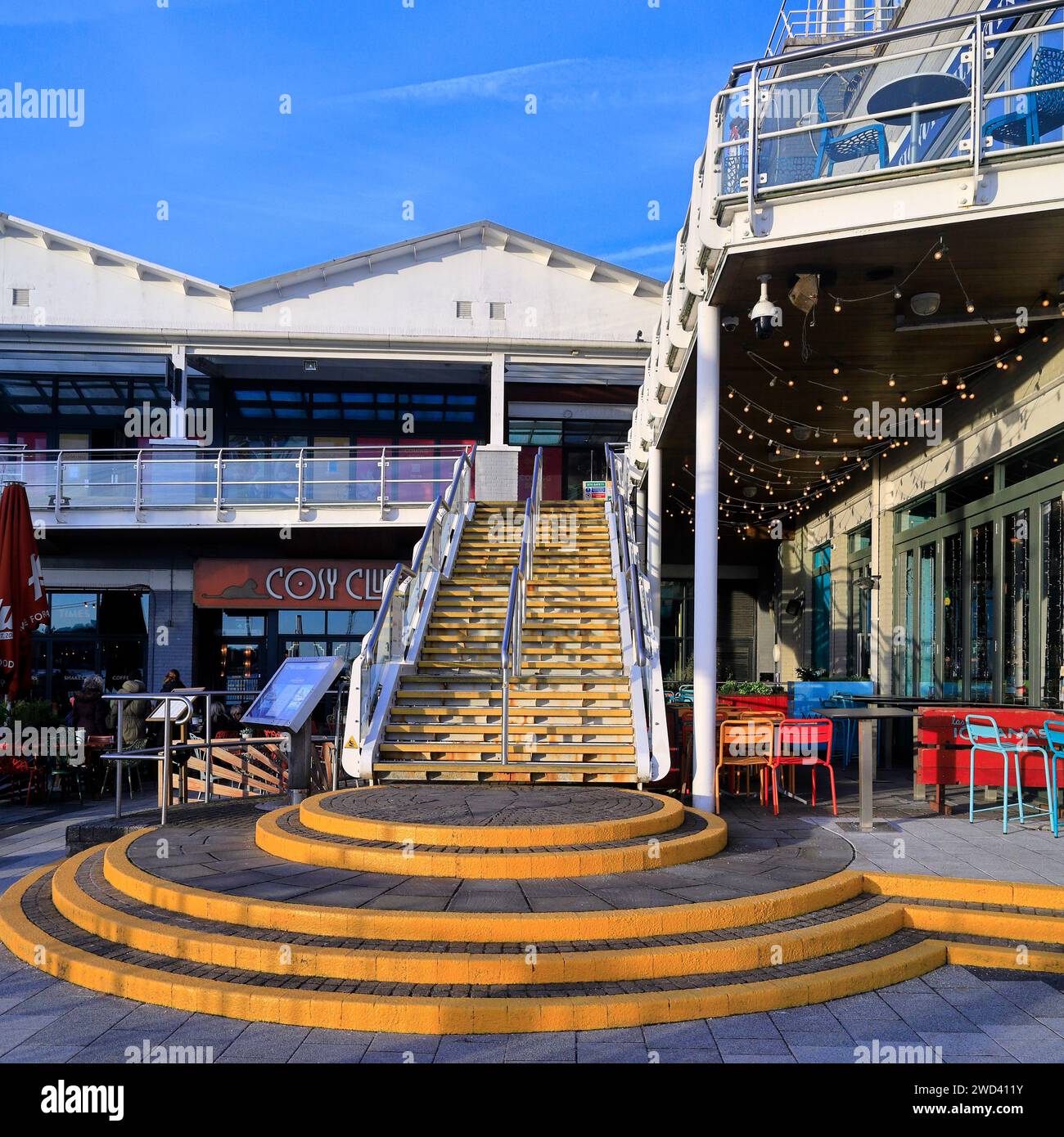 Yellow stairs to upper level, Mermaid Quay, Cardiff Bay, Taken January ...