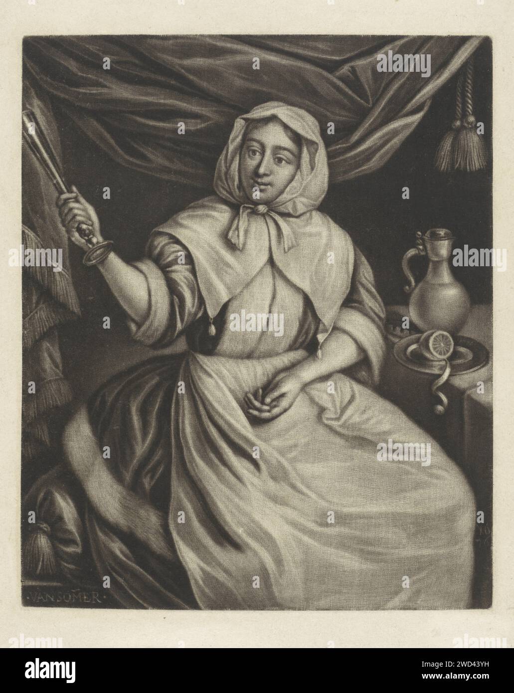 Woman with a glass, Jan van Somer, 1676 print A woman has a glass. On ...