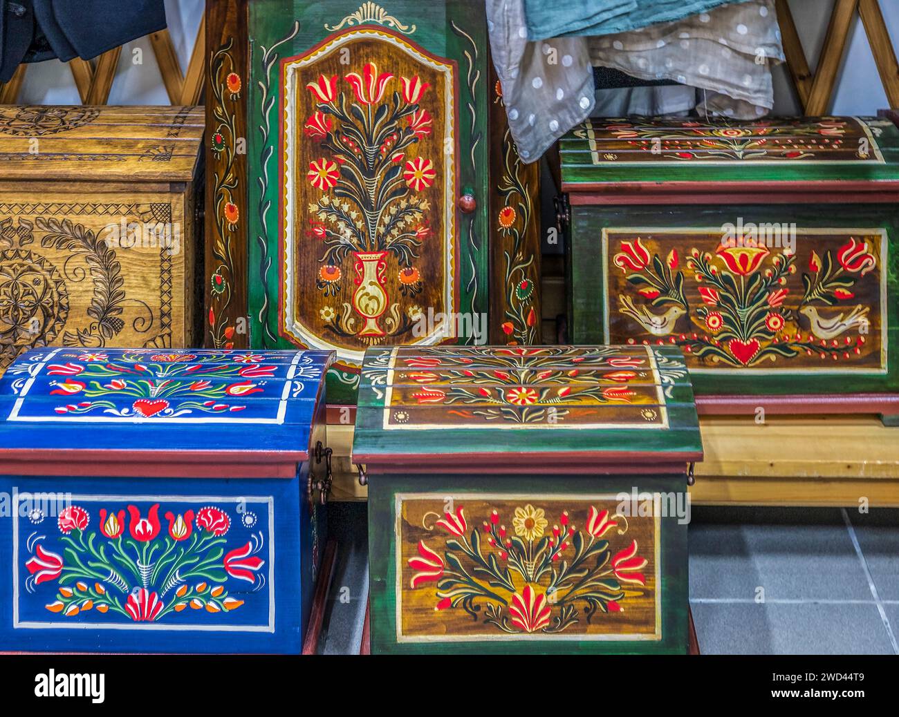 CORUND, TRANSYLVANIA, ROMANIA - JULY 11, 2020: Decorative wooden crates ...