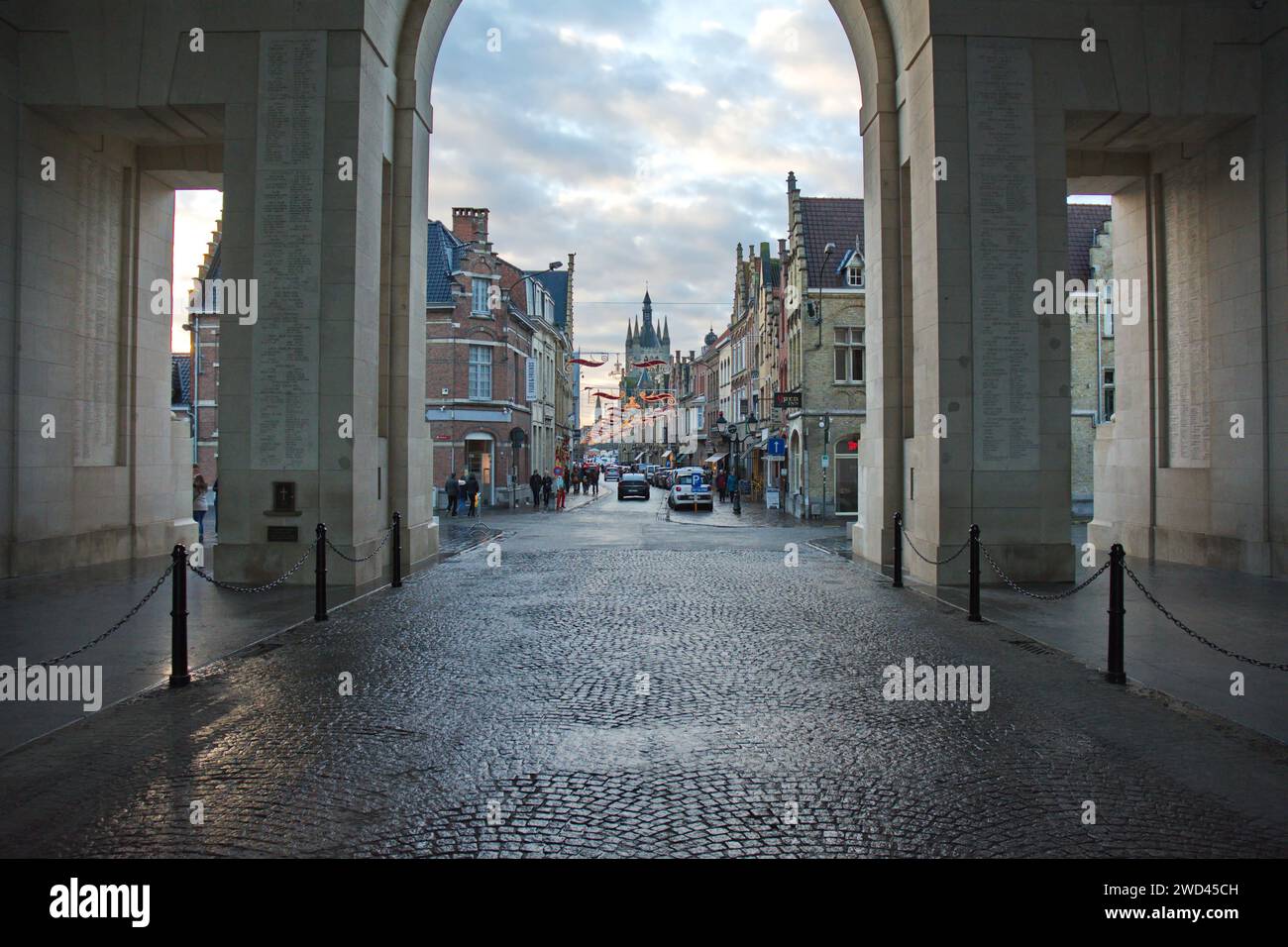 Inside the Menin gate war memorial looking towards the town square of ...