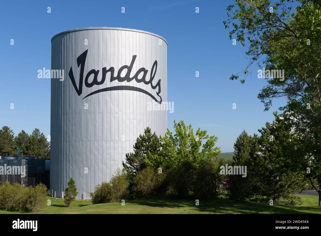 Moscow, ID, USA - May 23, 2023; University of Idaho Vandals name on water tower on blue sky day ...