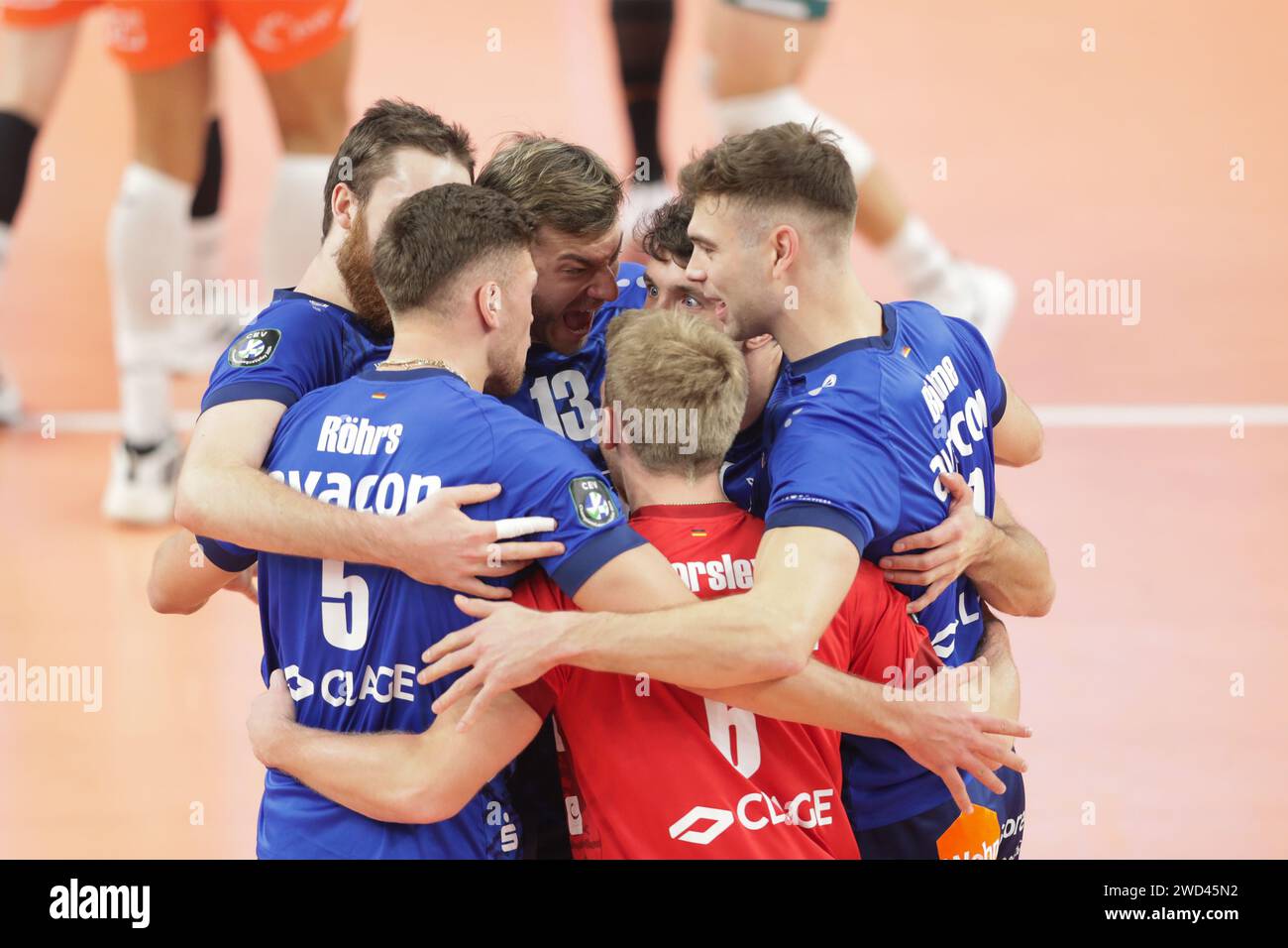 Players of SVG Luneburg celebrate after winning a point during CEV Champions League Volley 2024 ...