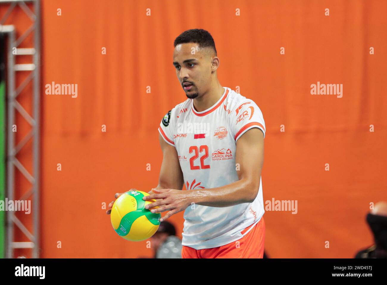 Moustapha Mbaye of Jastrzebski Wegiel seen in action during CEV Champions League Volley 2024 ...