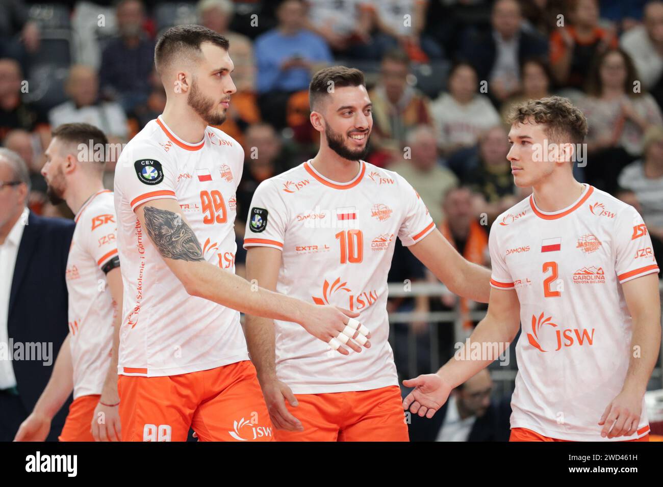 Players of Jastrzebski Wegiel celebrate after winning a point during CEV Champions League Volley ...