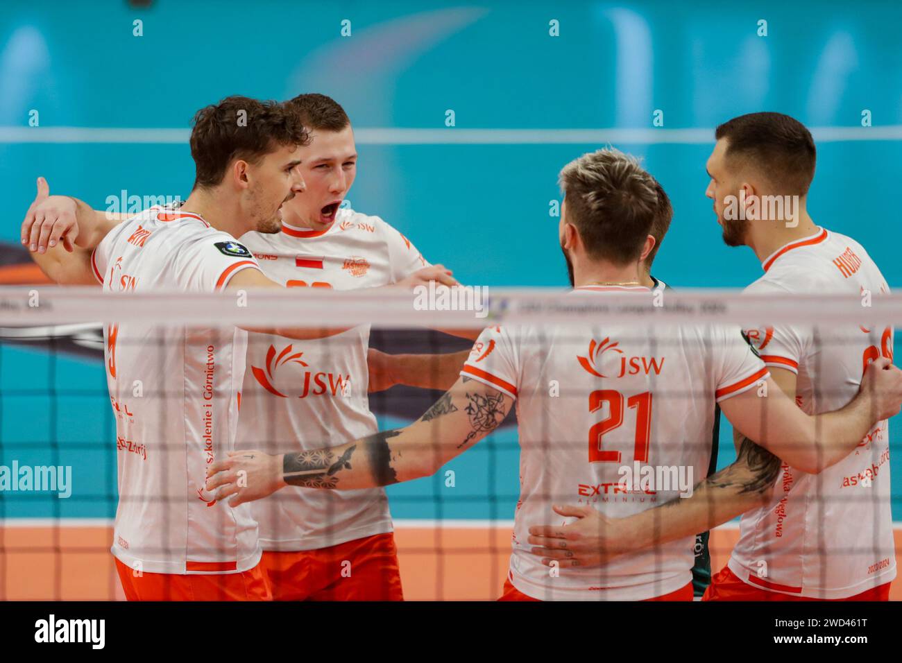 Players of Jastrz?bski Wegiel celebrate after winning a point during CEV Champions League Volley ...