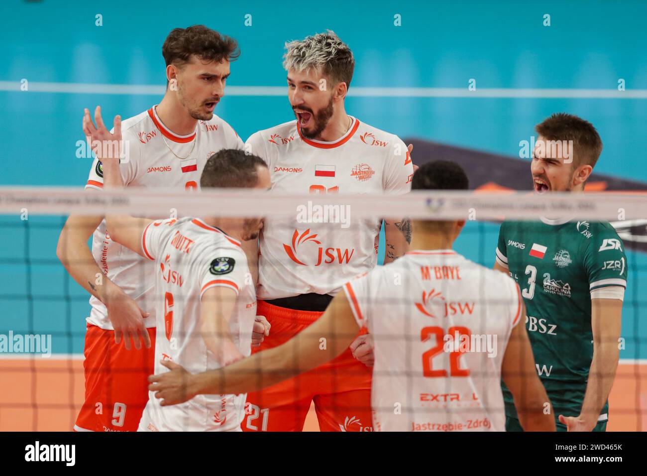 Players of Jastrzebski Wegiel celebrate after winning a point during CEV Champions League Volley ...