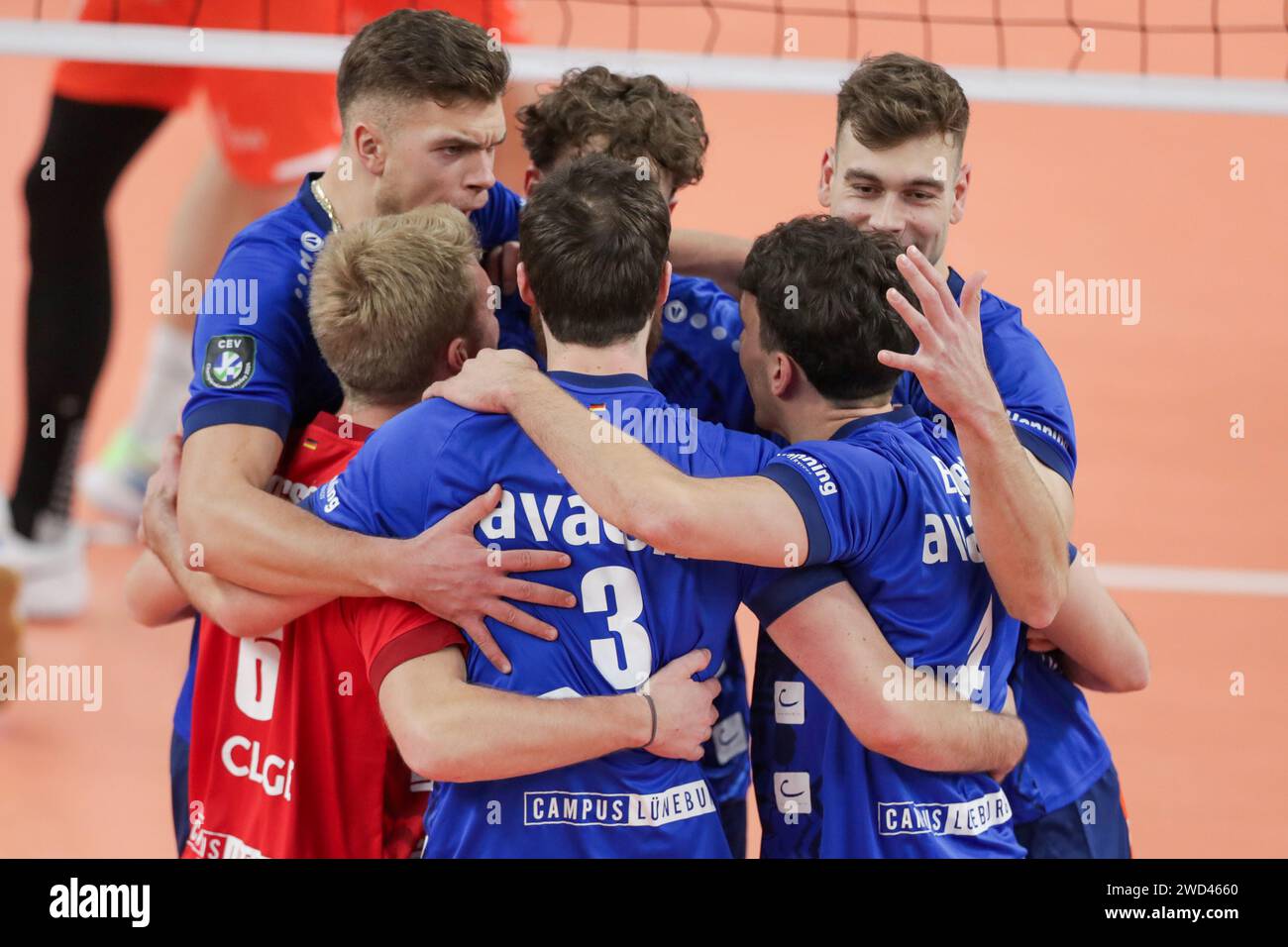 Players of SVG Luneburg celebrate after winning a point during CEV Champions League Volley 2024 ...