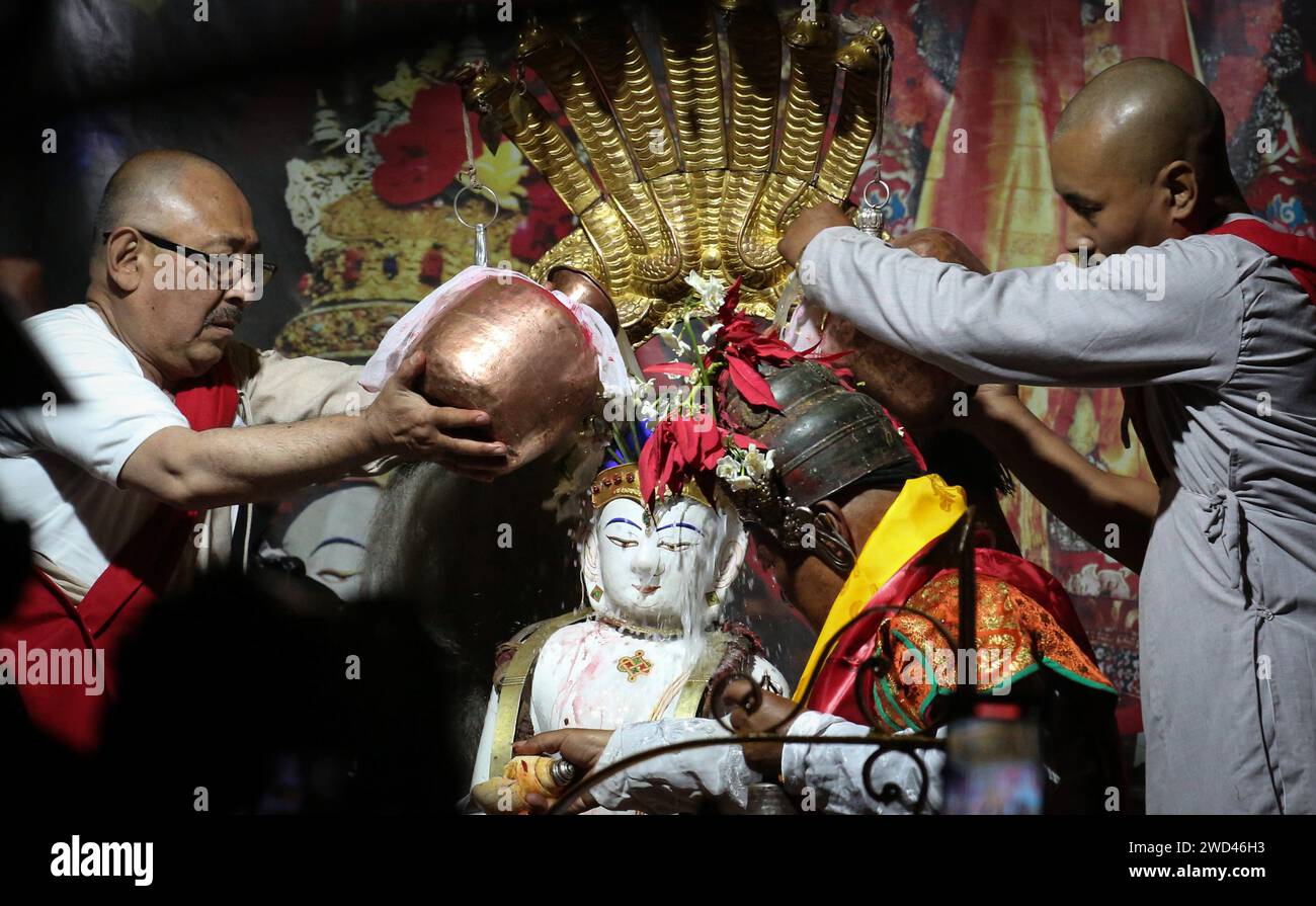 Kathmandu, Bagmati, Nepal. 18th Jan, 2024. Priests bath an idol of Seto ...