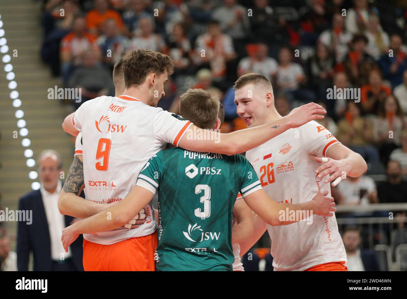 Jatrzebie Zdroj, Poland. 17th Jan, 2024. Players of Jastrzebski Wegiel celebrate after winning a ...