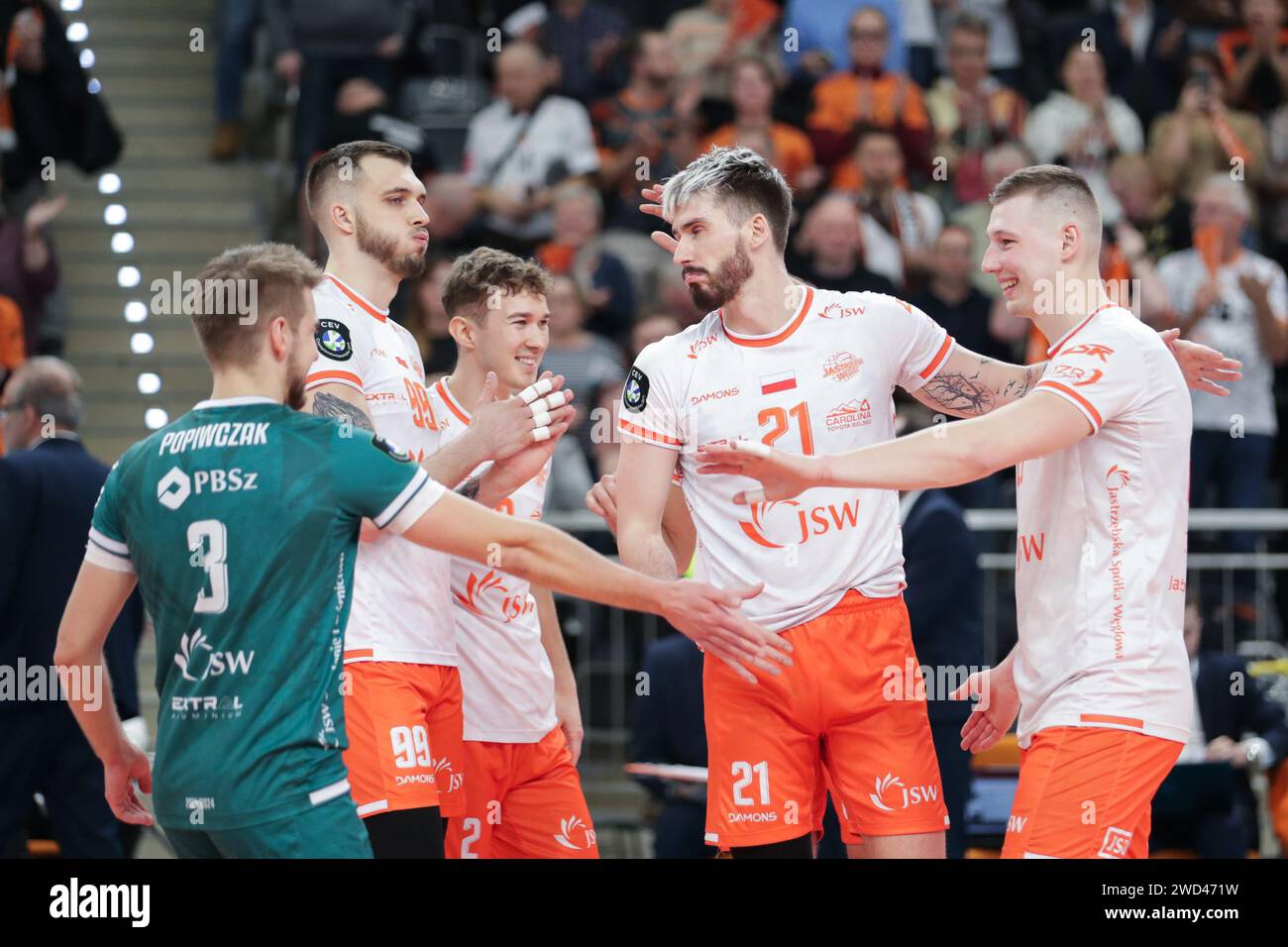 Jatrzebie Zdroj, Poland. 17th Jan, 2024. Players of Jastrzebski Wegiel celebrate after winning a ...
