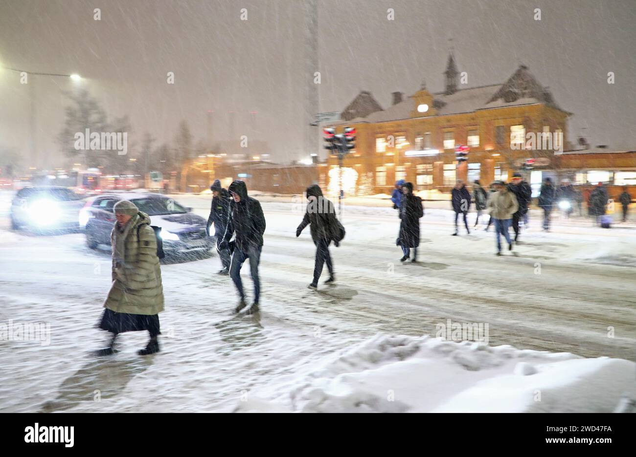Seasonal weather, heavy snowfall in Linköping, Sweden, during Wednesday ...
