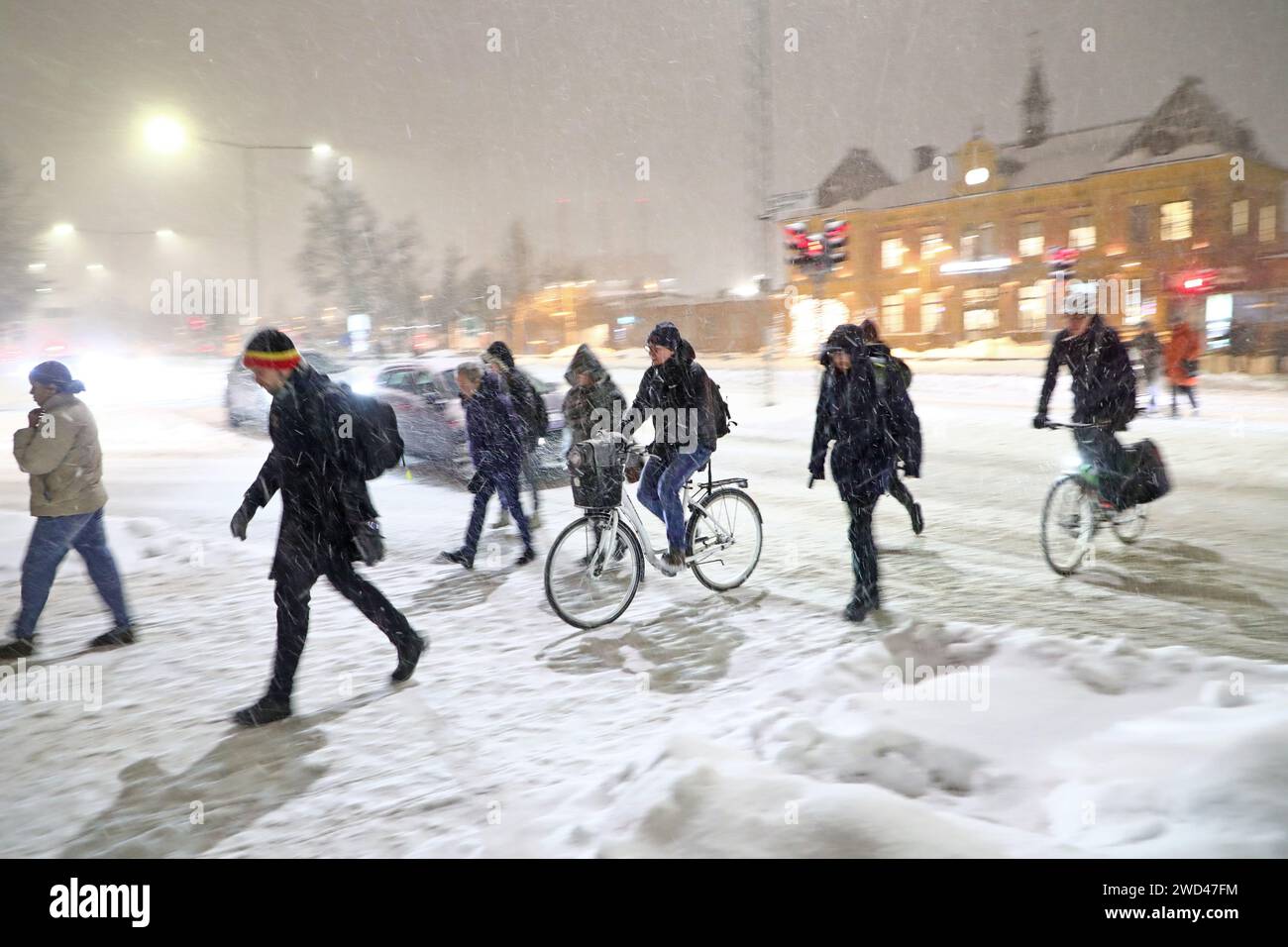 Seasonal weather, heavy snowfall in Linköping, Sweden, during Wednesday ...