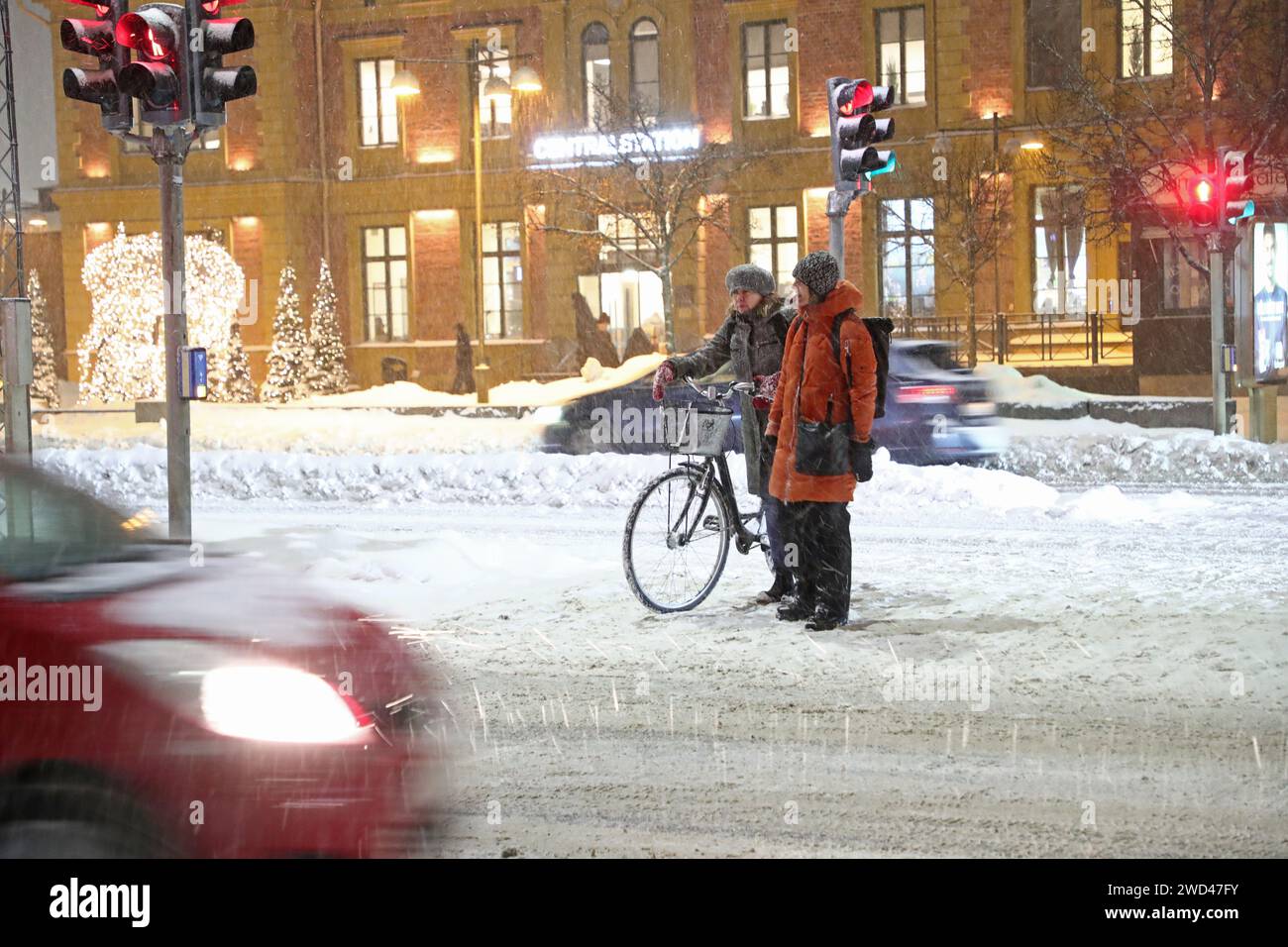Seasonal weather, heavy snowfall in Linköping, Sweden, during Wednesday ...