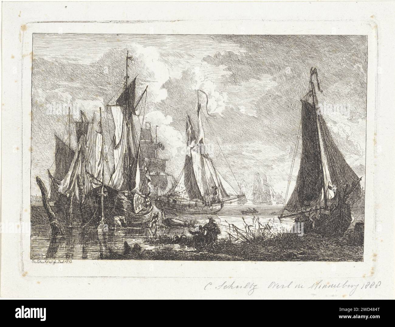 Seaport, C. Schultz, 1832 print Different sailing ships for anchor. On ...