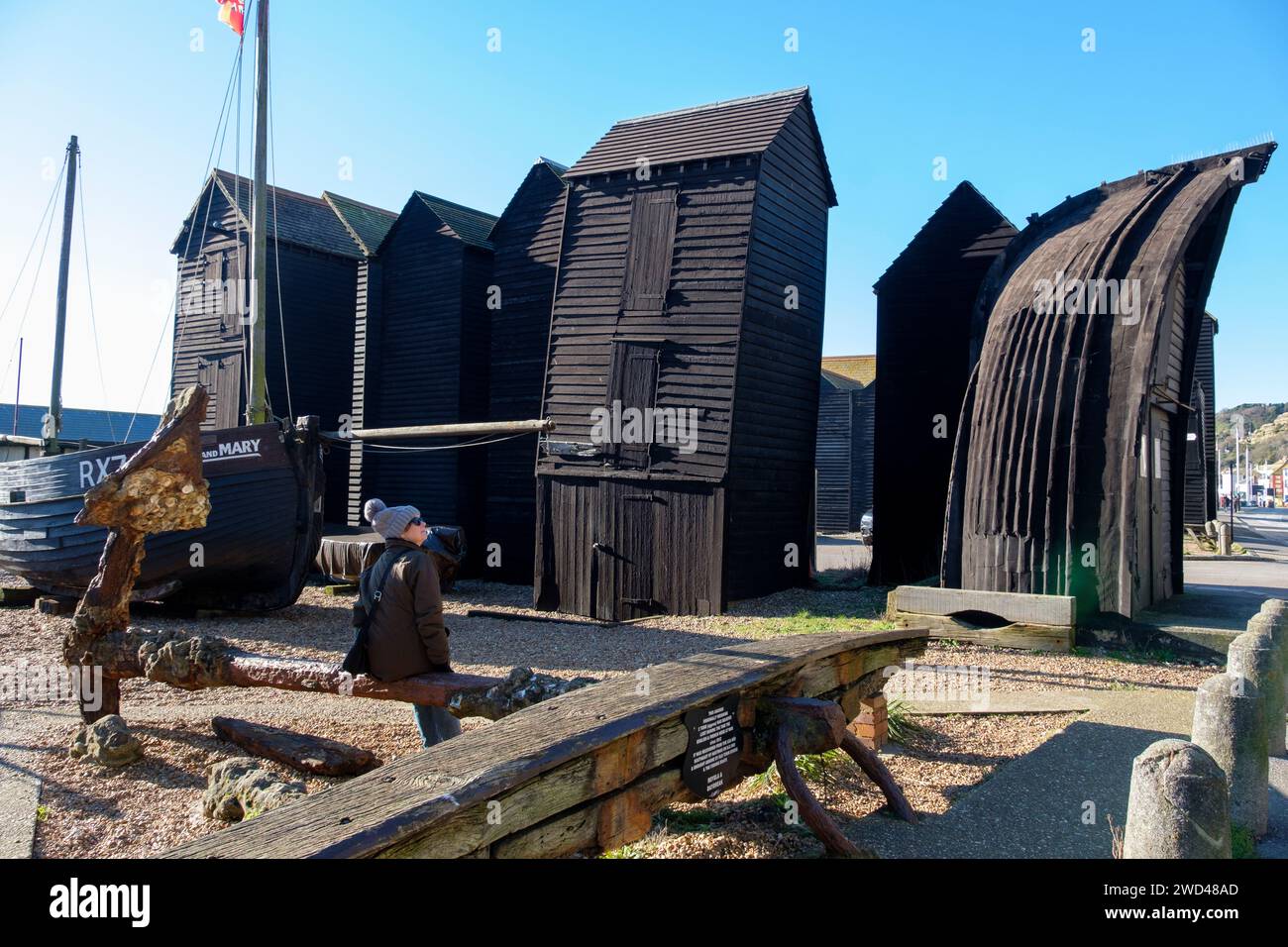Traditional black-tarred net huts, Hastings, East Sussex, UK Stock ...