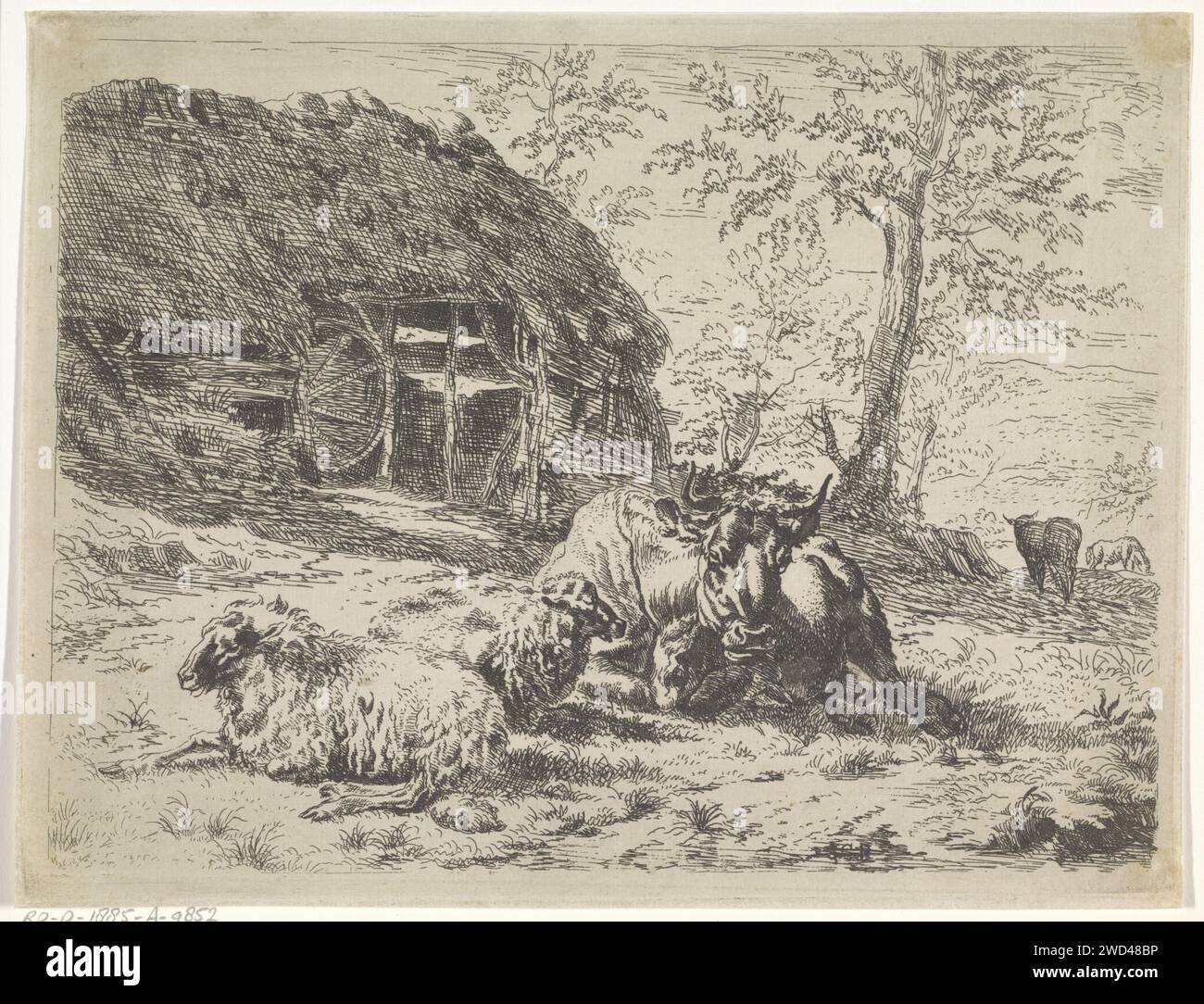Lying cow and two sheep near a shed, monogram miss CB or ICB, 1800 ...