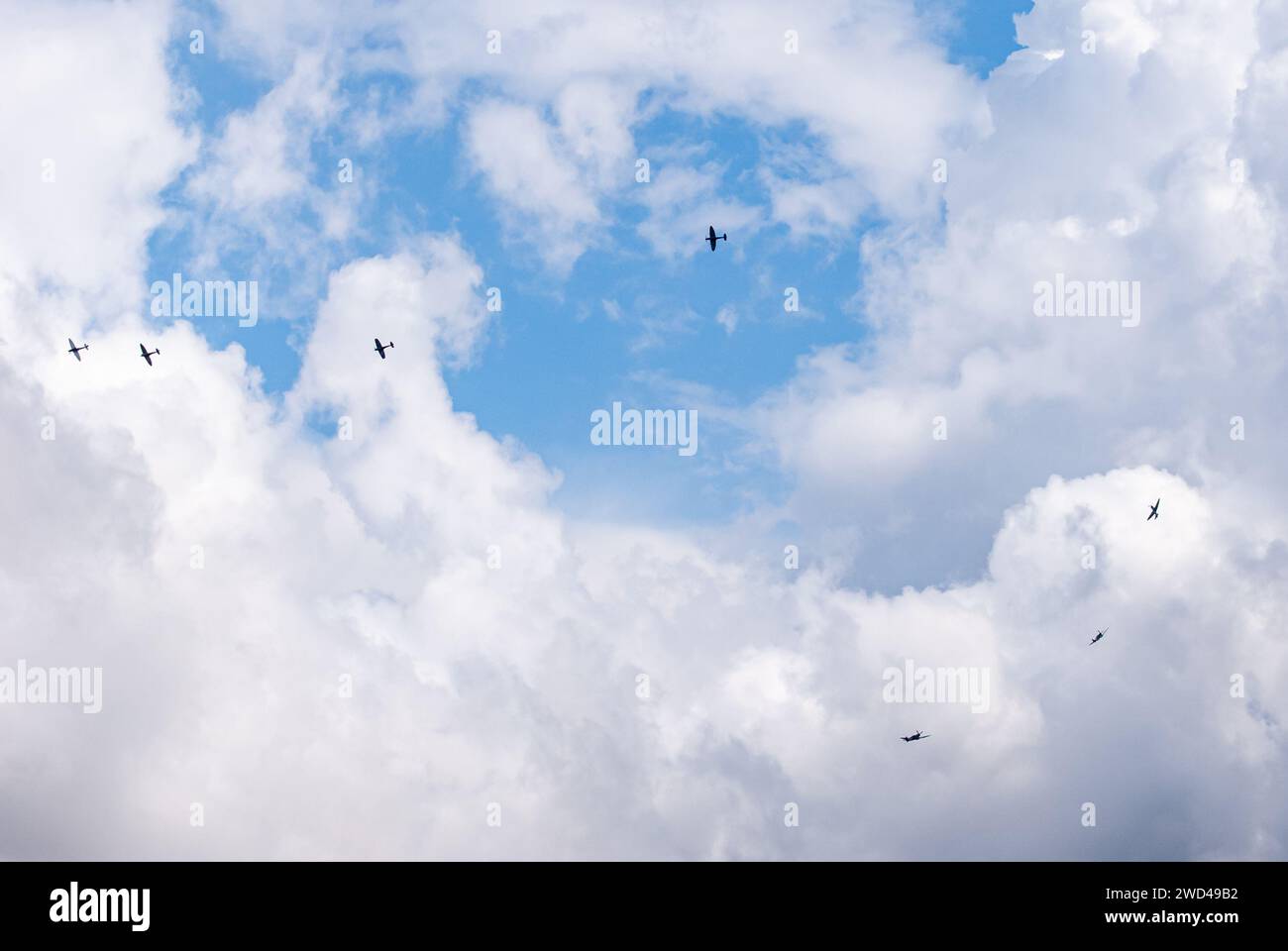 Spitfire dogfight. Formation of WW2 fighter planes in tight formation ...